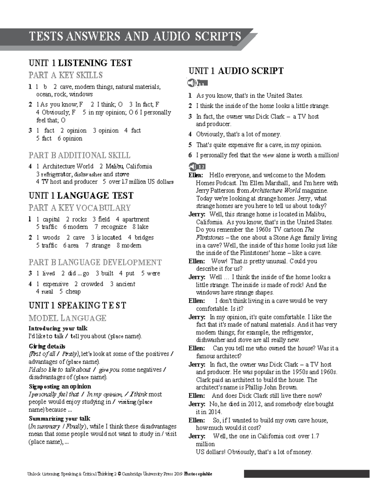 Unlock 2e LS2 Tests Answer keys and audio scripts - Unlock L i s t e n ...