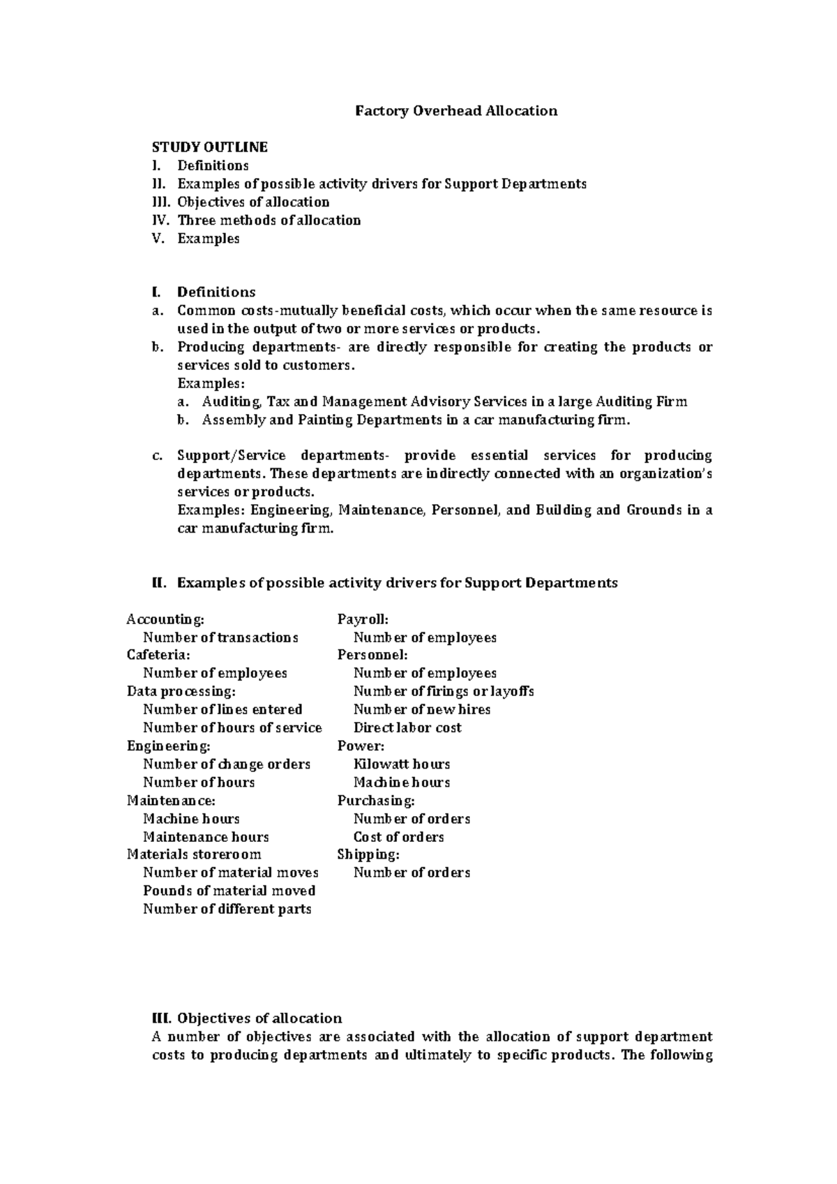 Factory Overhead Allocation - Factory Overhead Allocation STUDY OUTLINE I. Definitions II ...