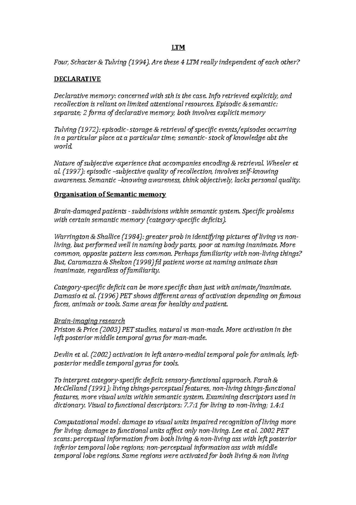 Long Term Memory Notes - LTM Four, Schacter & Tulving (1994). Are these ...