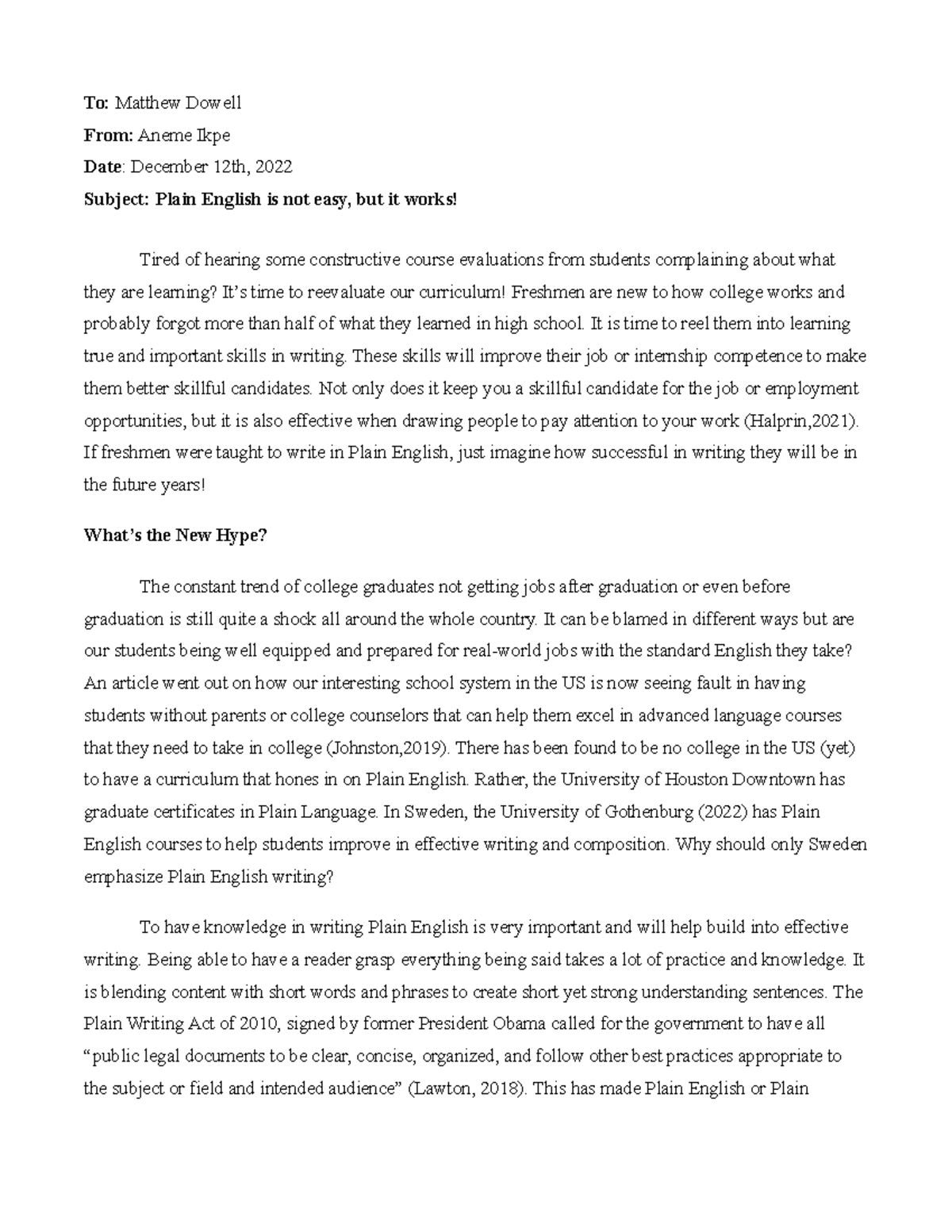 Ikpe Plain English Memo 905 - To: Matthew Dowell From: Aneme Ikpe Date ...