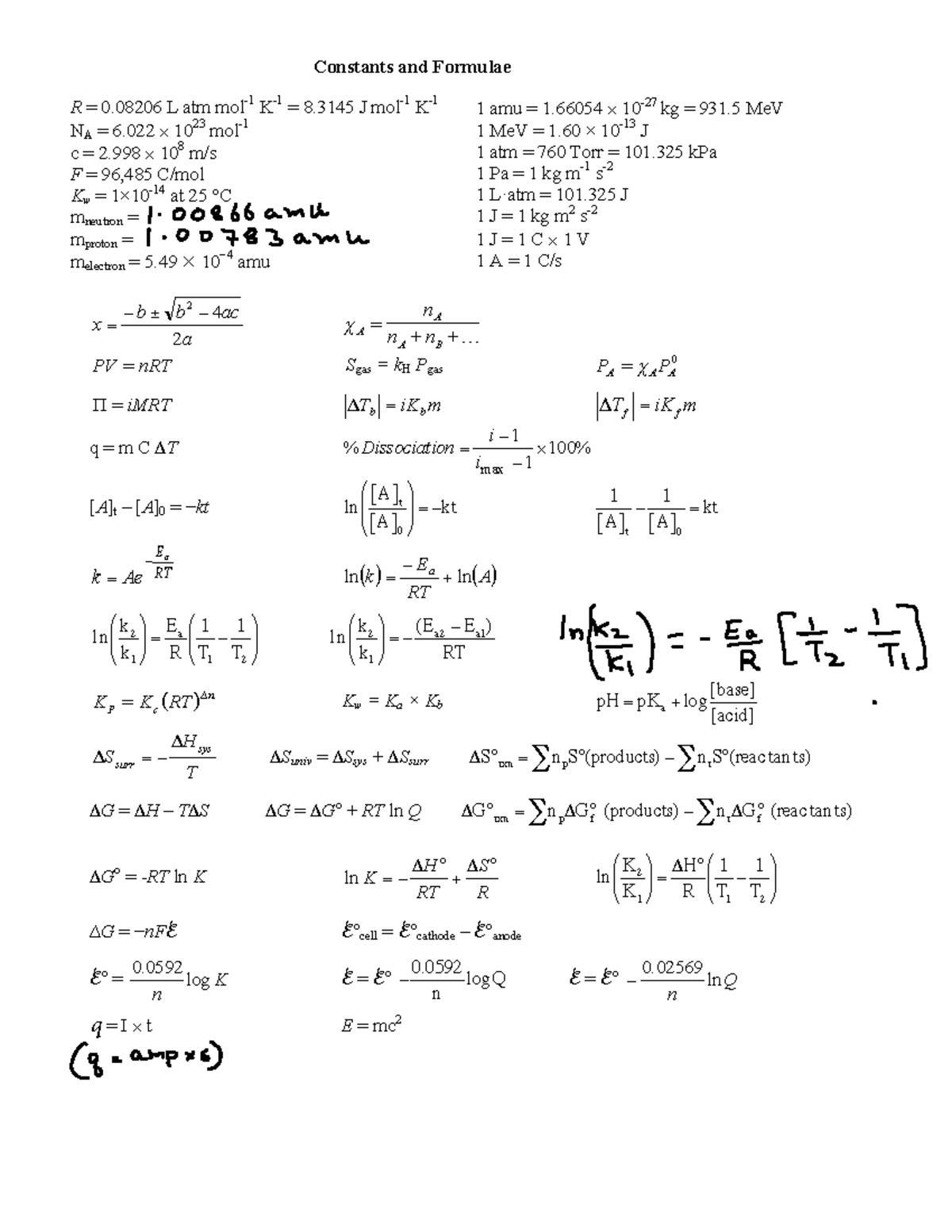 Formula+Sheet+Chem162 - Constants and Formulae R = 0 L atm mol-1 K-1 ...