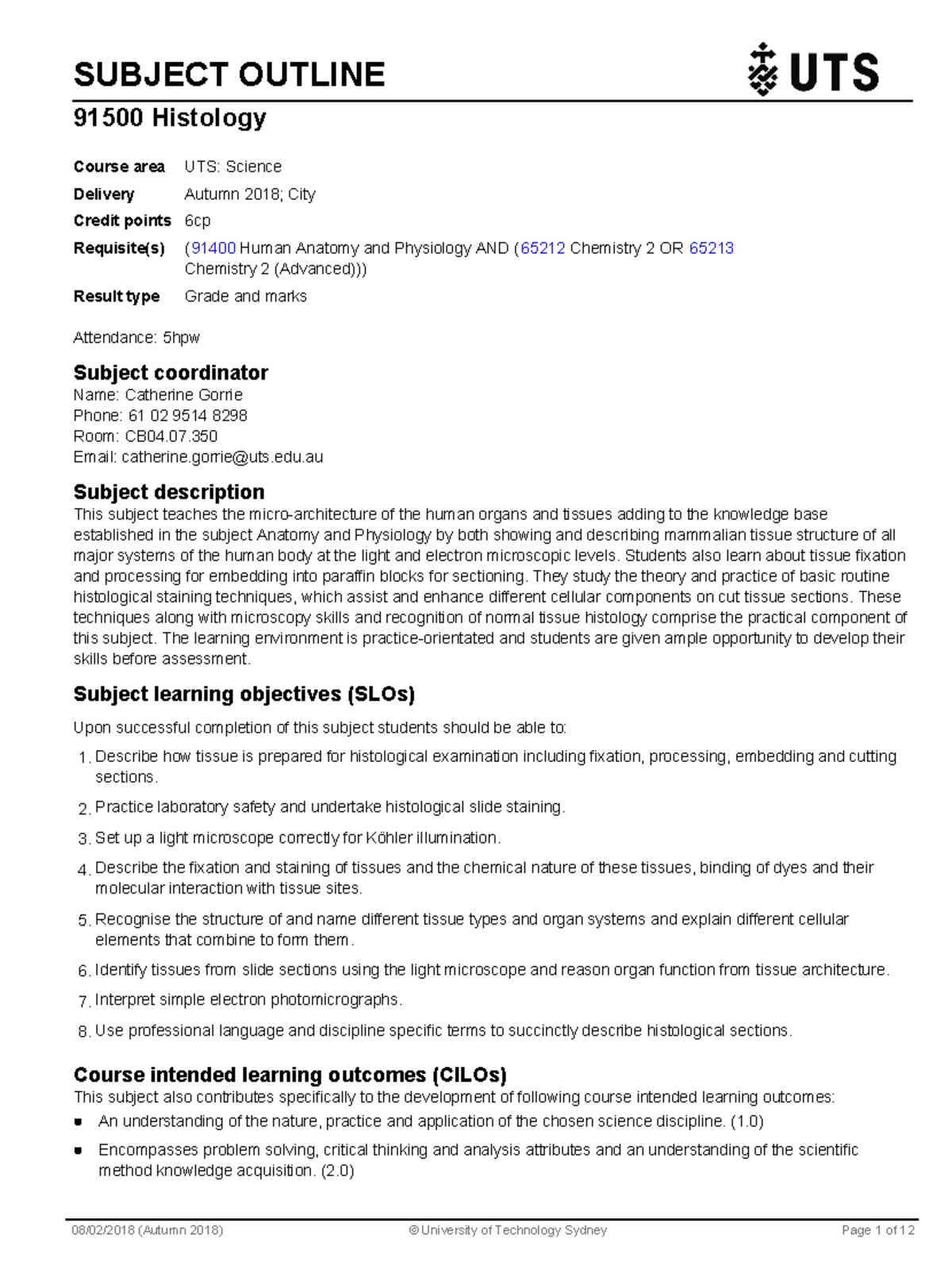 Histology- Subject outline - SUBJECT OUTLINE 91500 Histology Course ...