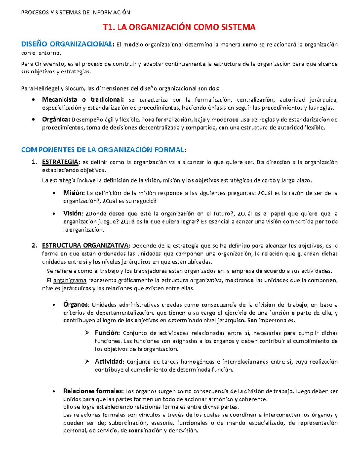 Resumen Primera Revisión - T1. LA ORGANIZACI”N COMO SISTEMA DISE—O ORGANIZACIONAL: El modelo ...