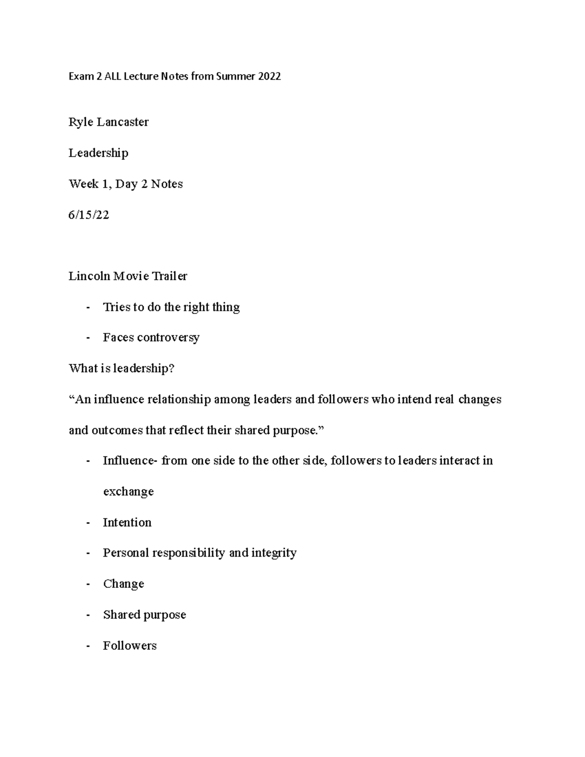 Leadership Ex 2 ALL Lecture Notes - Exam 2 ALL Lecture Notes from ...