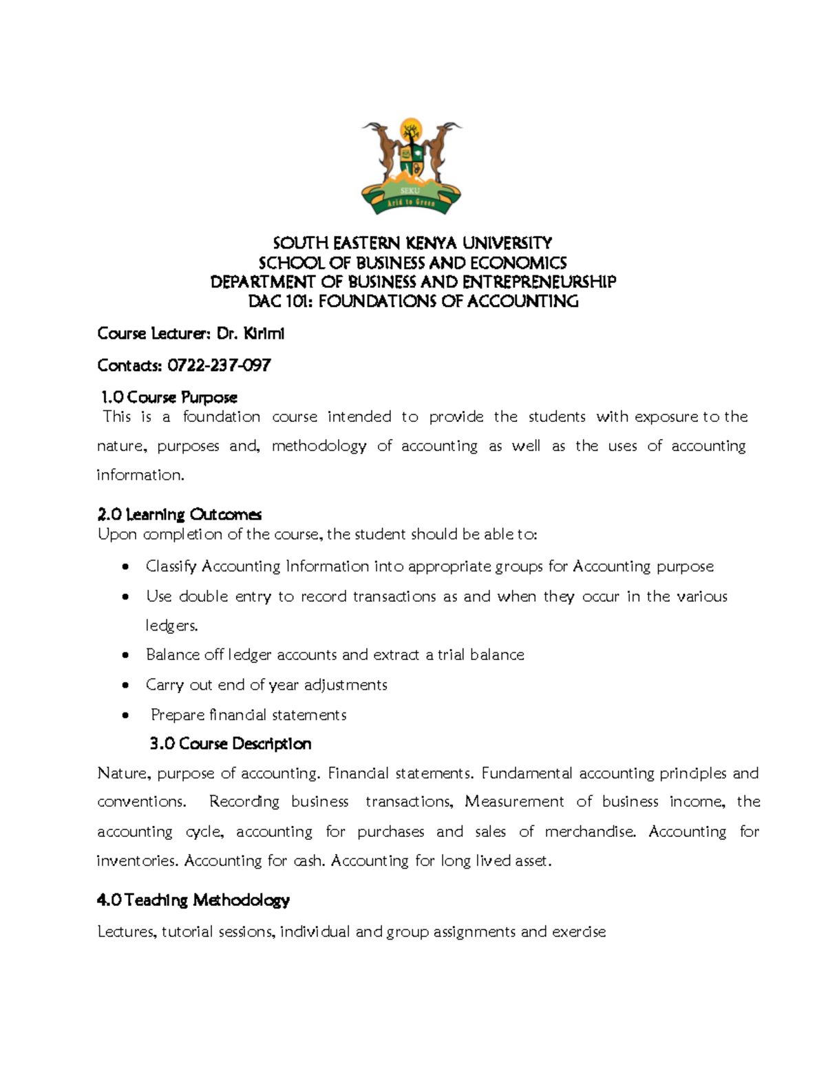 DAC 101 Course Outline - I just need notes - SOUTH EASTERN KENYA ...
