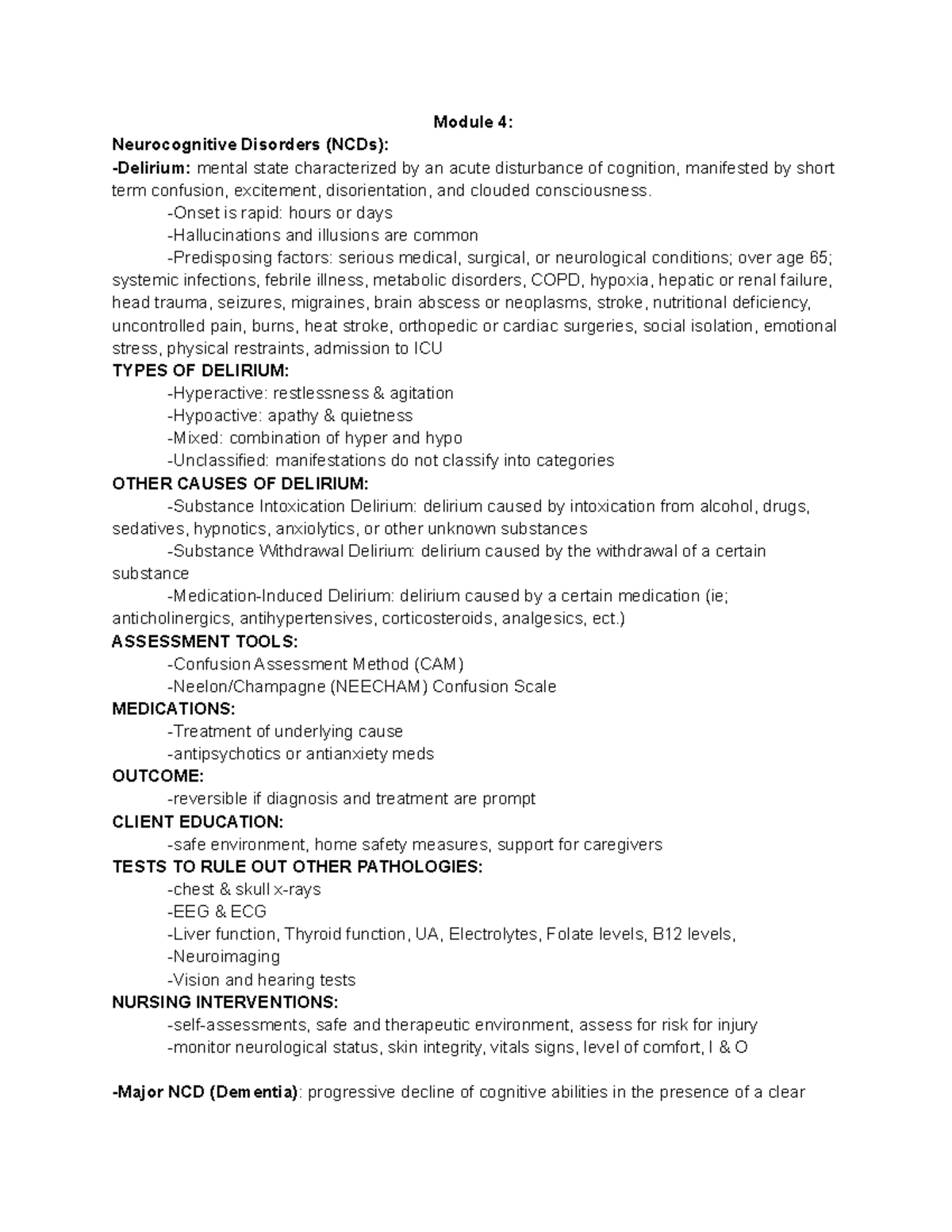 MH Module 4 Study Guide - Module 4: Neurocognitive Disorders (NCDs ...
