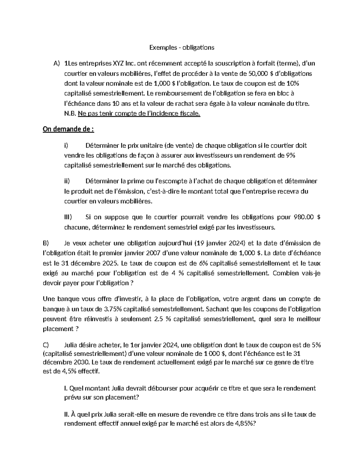 Exemples obligations 2024 03 - Exemples - obligations A) 1 Les ...