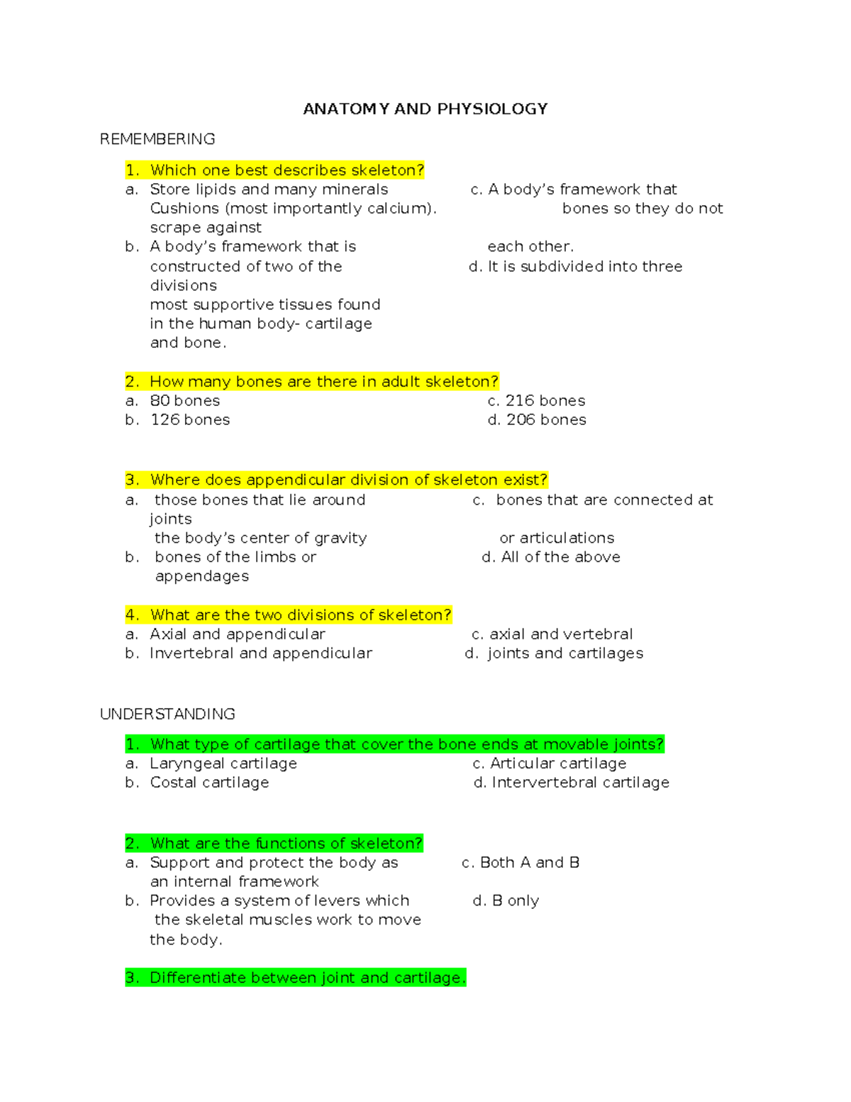 Anatomy AND Physiology- Questions - ANATOMY AND PHYSIOLOGY REMEMBERING ...