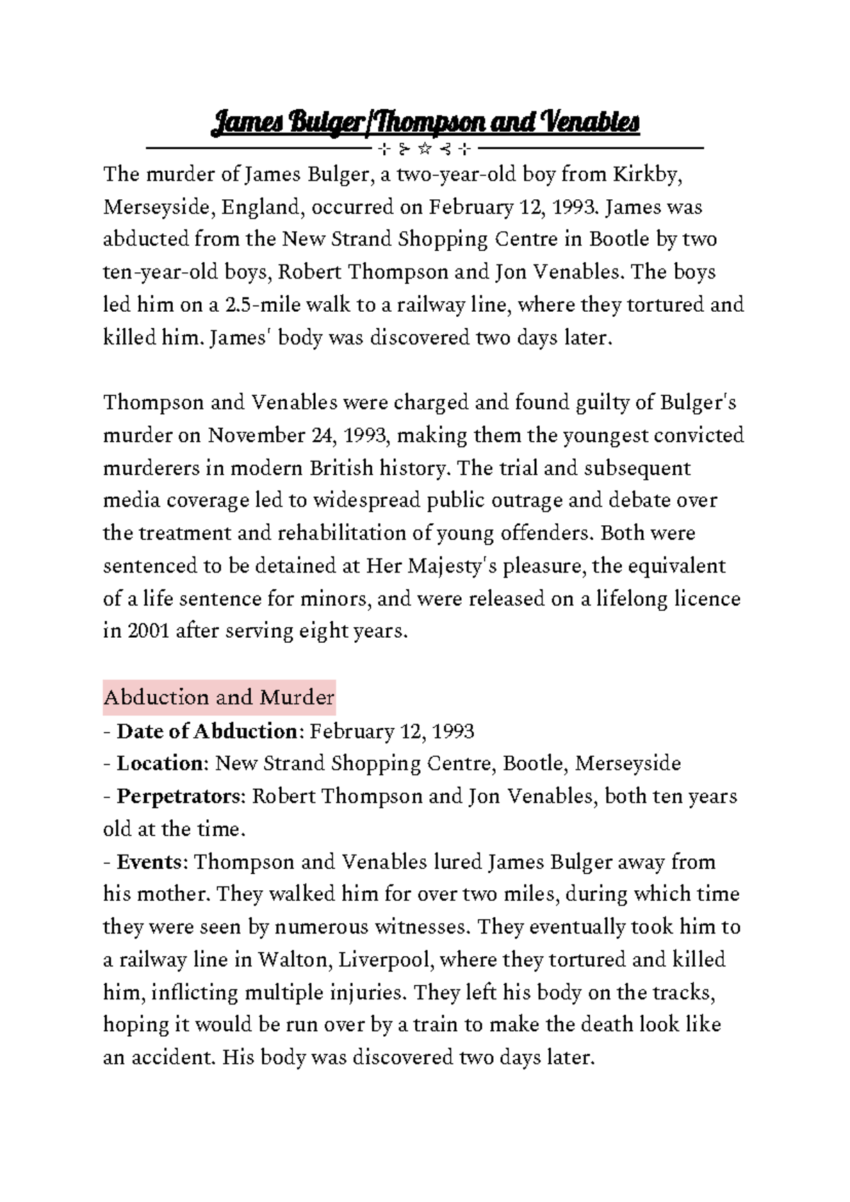 James Bulger Thompson and Venables - James Bulger/Thompson and Venables