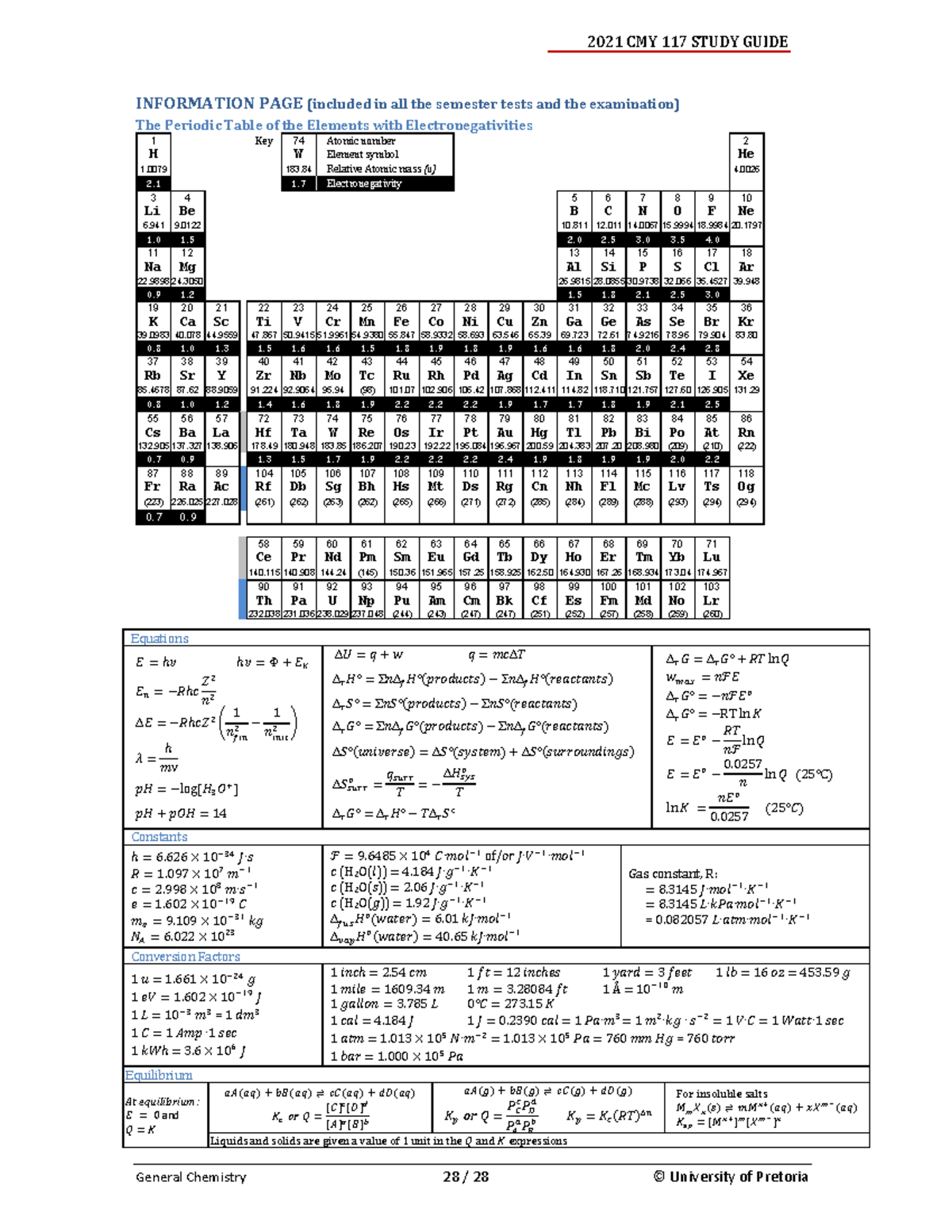 Formula Sheet, CMY 117, 2021 - 2021 CMY 117 STUDY GUIDE General ...