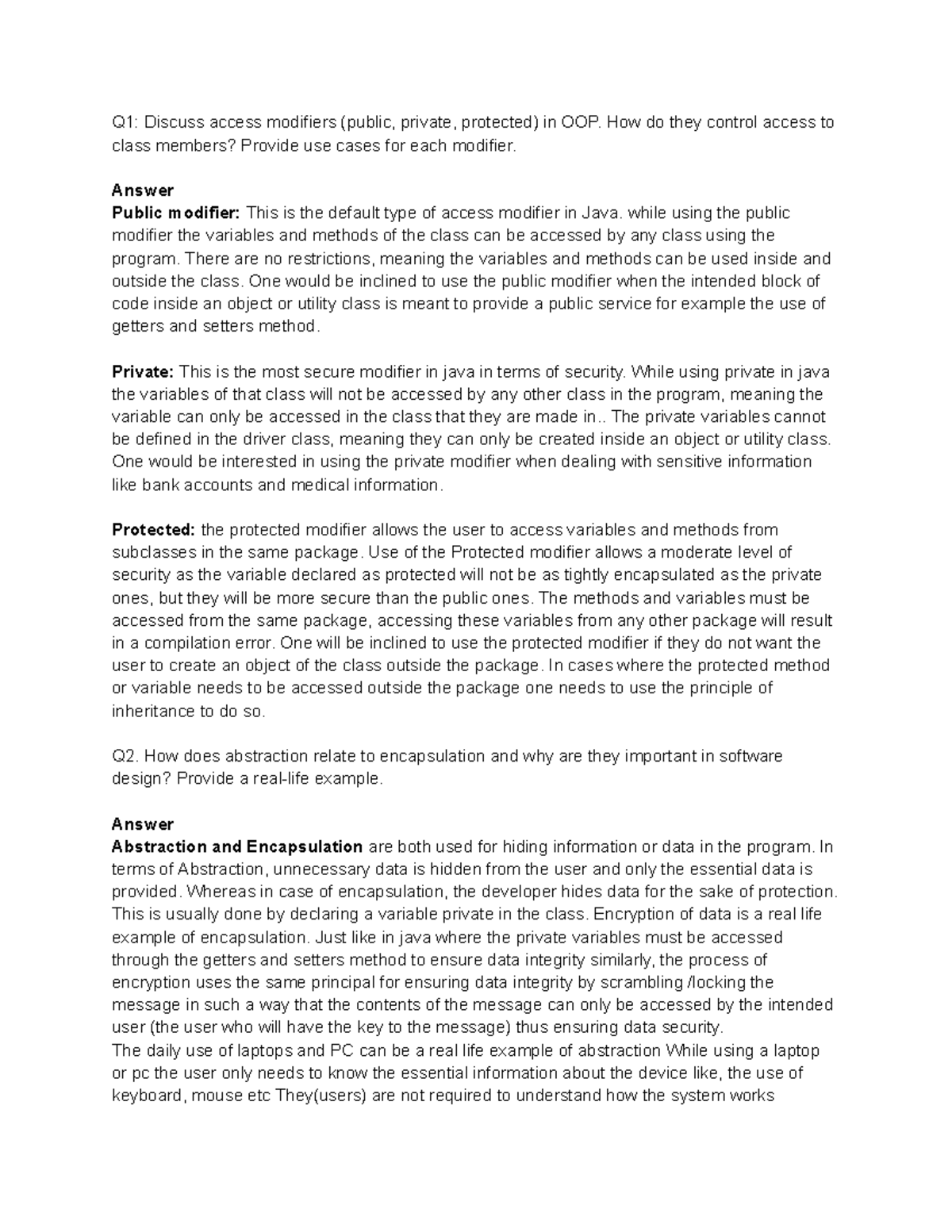 Assignment ITEC2610 - Q1: Discuss access modifiers (public, private, protected) in OOP. How do ...