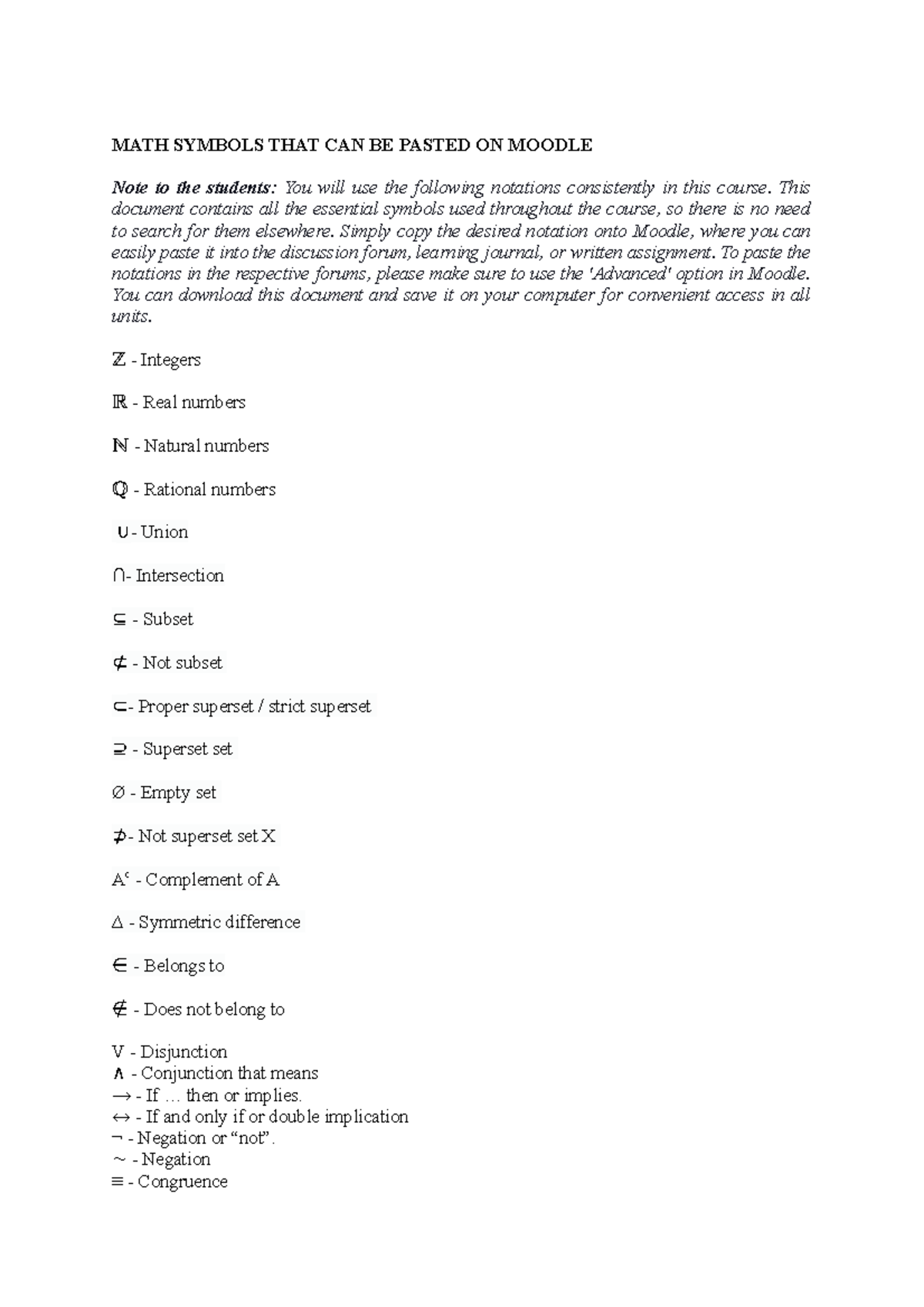 MATH Symbols THAT CAN BE Pasted ON Moodle - MATH SYMBOLS THAT CAN BE ...