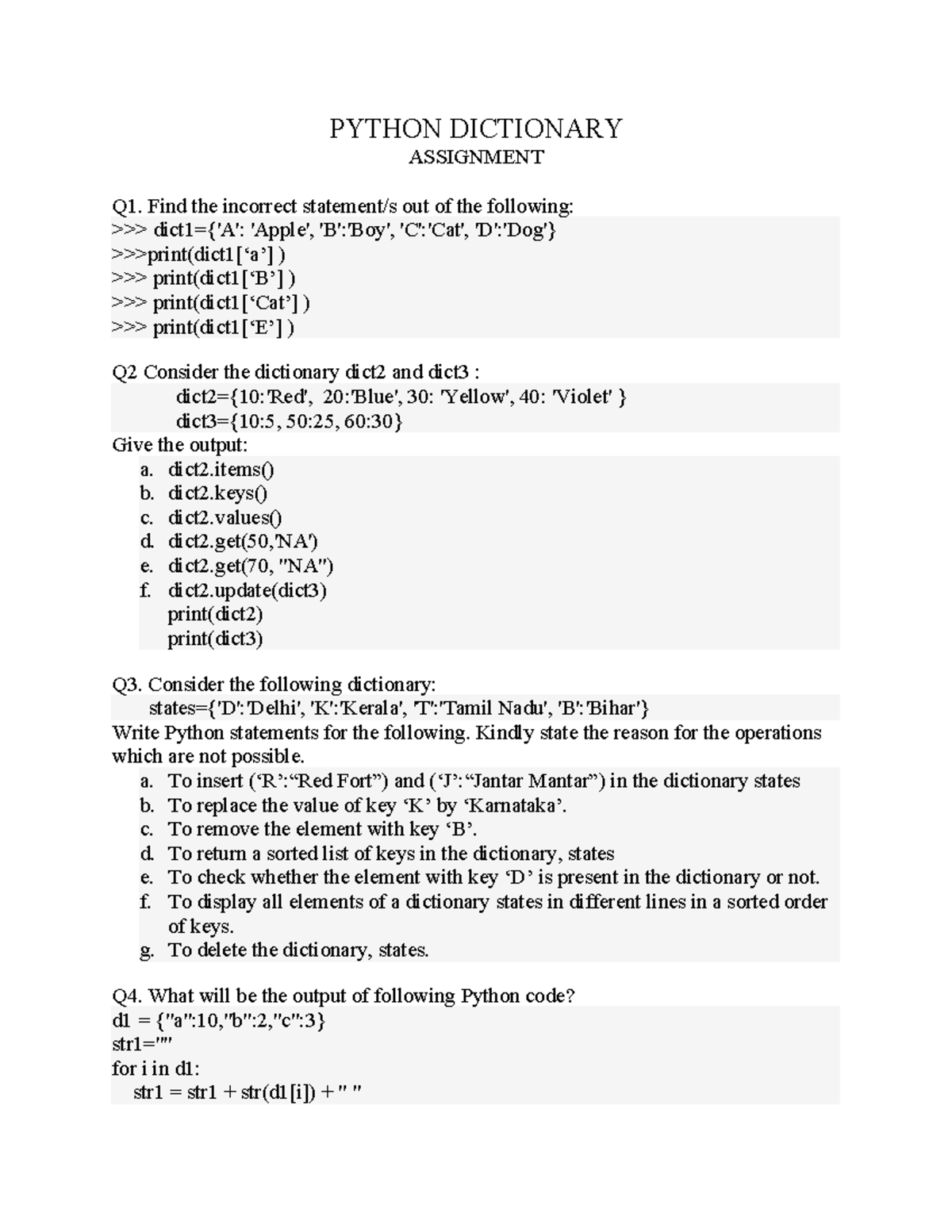 11 Cs Python Dictionary Python Dictionary Assignment Q1 Find The Incorrect Statements Out