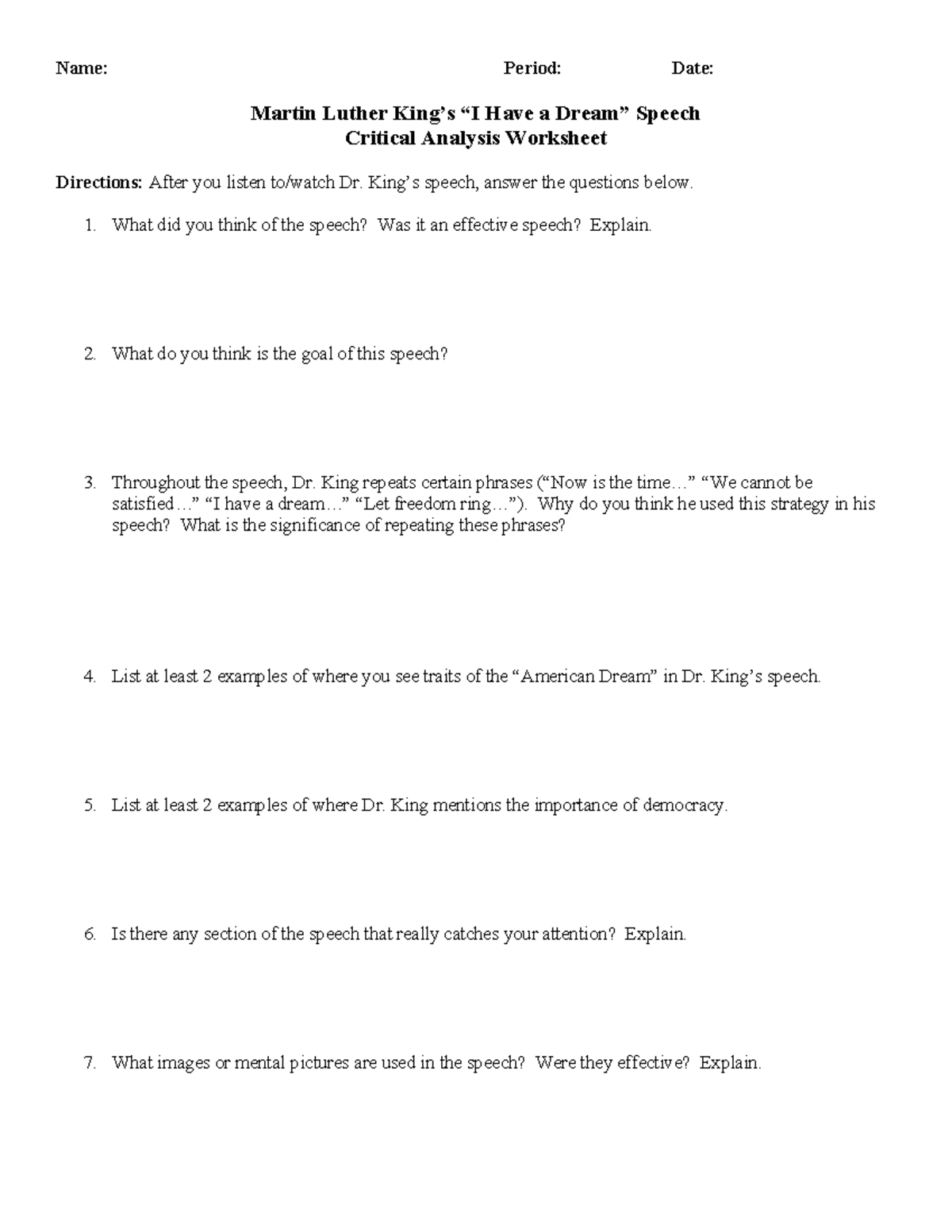 I Have a Dream Speech Analysis Questions-1 - Name: Period: Date: Martin ...