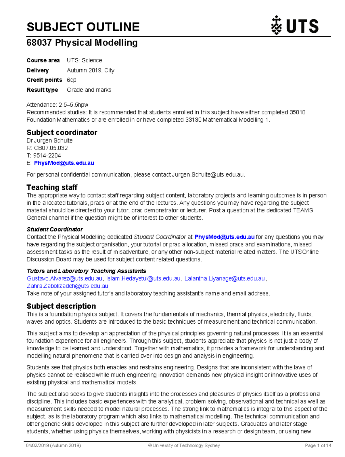 PM SO - Lecture notes 7 - SUBJECT OUTLINE 68037 Physical Modelling ...
