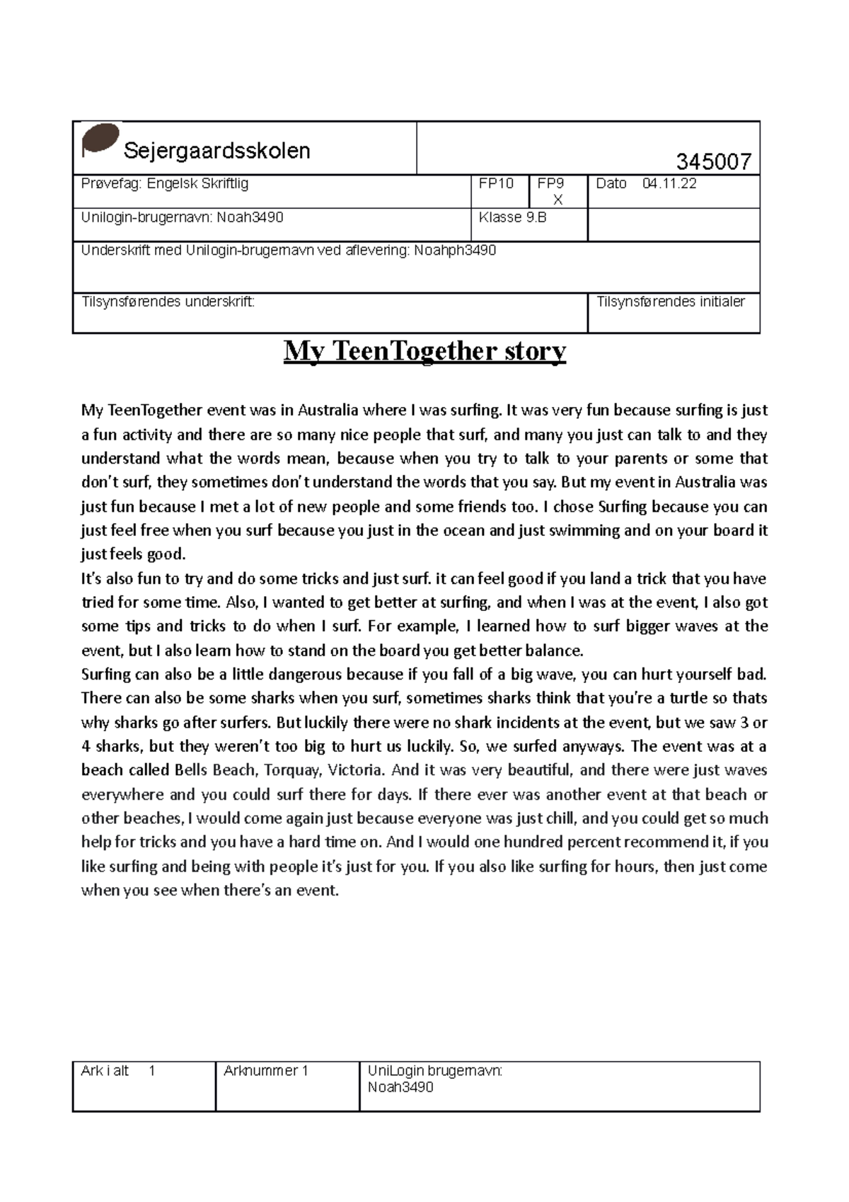 Engelsk fp9 - :-) - Sejergaardsskolen 345007 Prøvefag: Engelsk ...