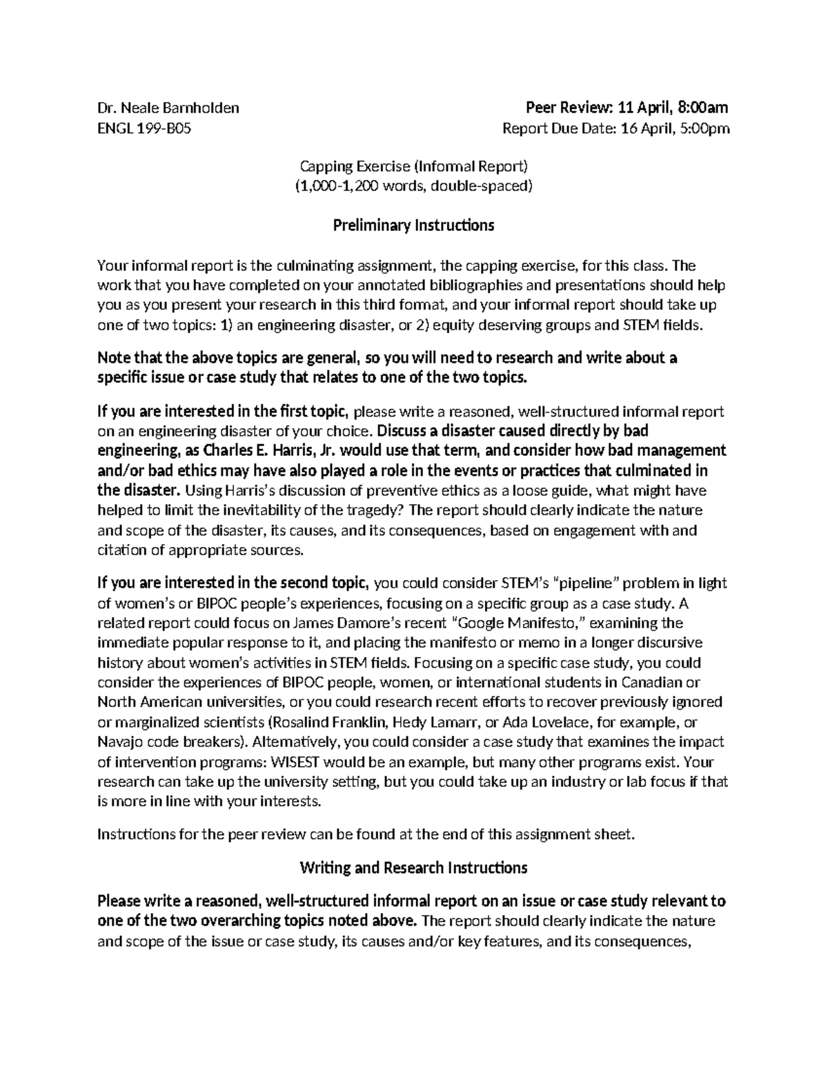 ENGL 199 Capping Exercise Assignment Sheet - Dr. Neale Barnholden Peer ...