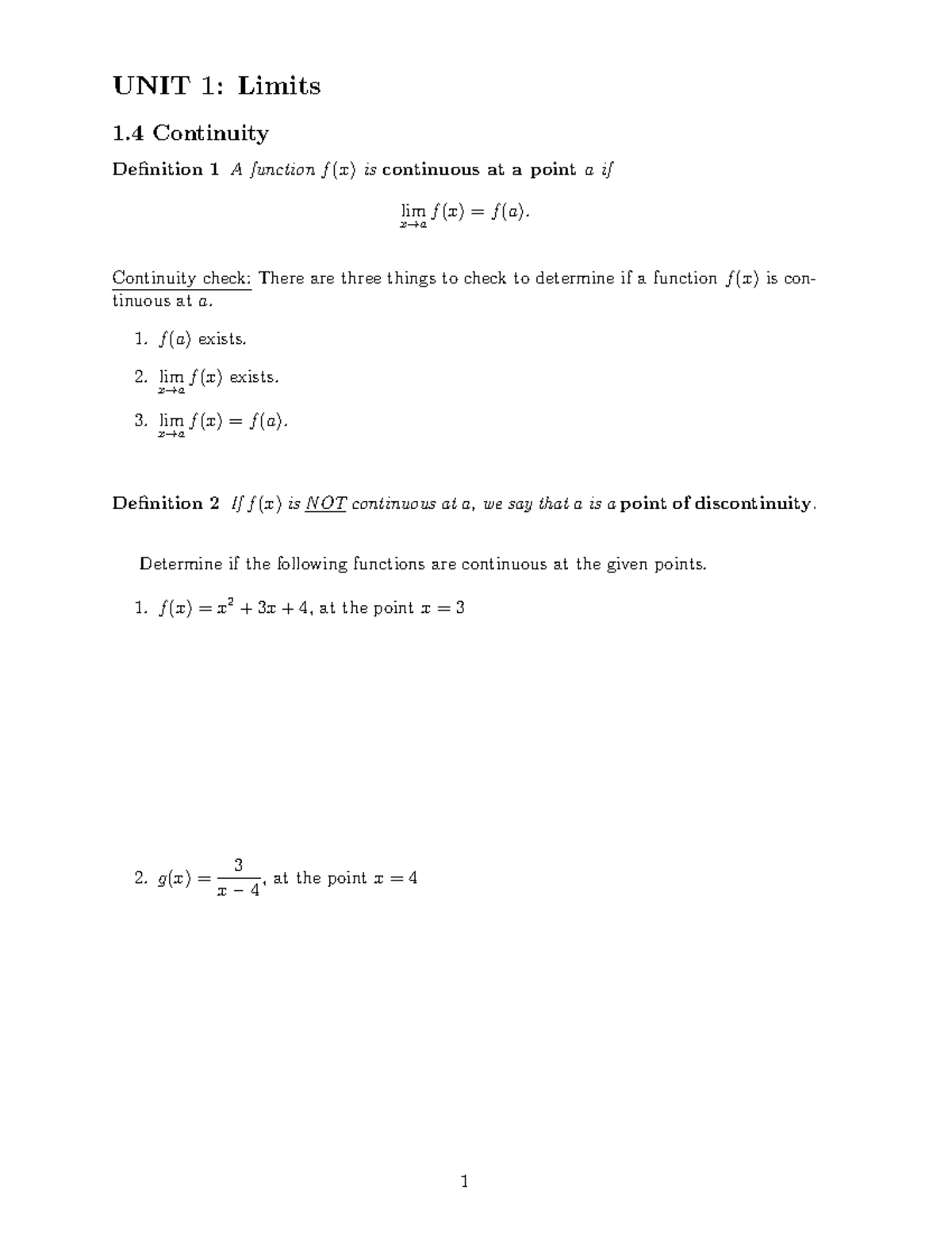 3. Continuity - math 1000 cal i all lec notes for session 2021 - UNIT 1 ...