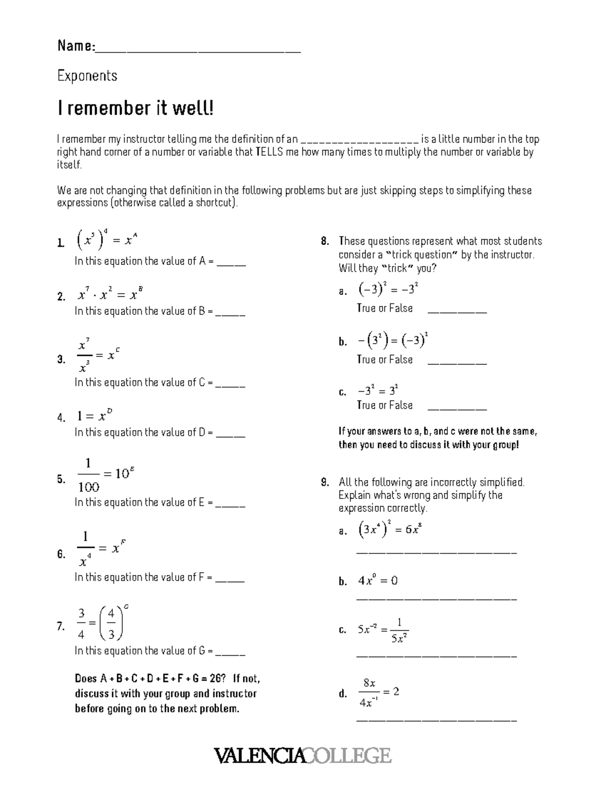I remember it well -exponents 1033 intermediate - Name ...