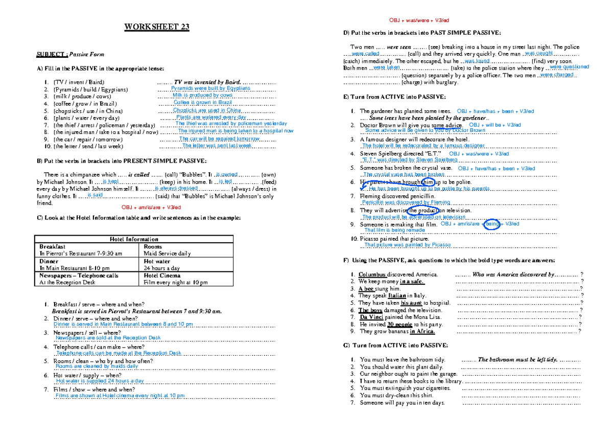 Passive Exercises - dsadadsa - WORKSHEET 23 SUBJECT : Passive Form A ...