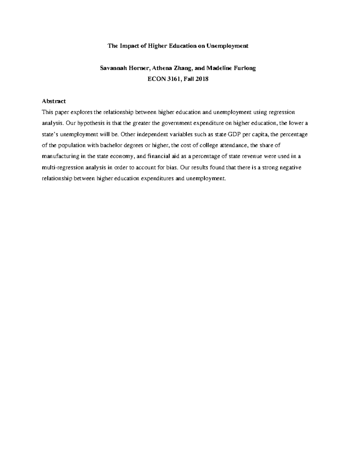 Econ 3161 research paper - The Impact of Higher Education on ...