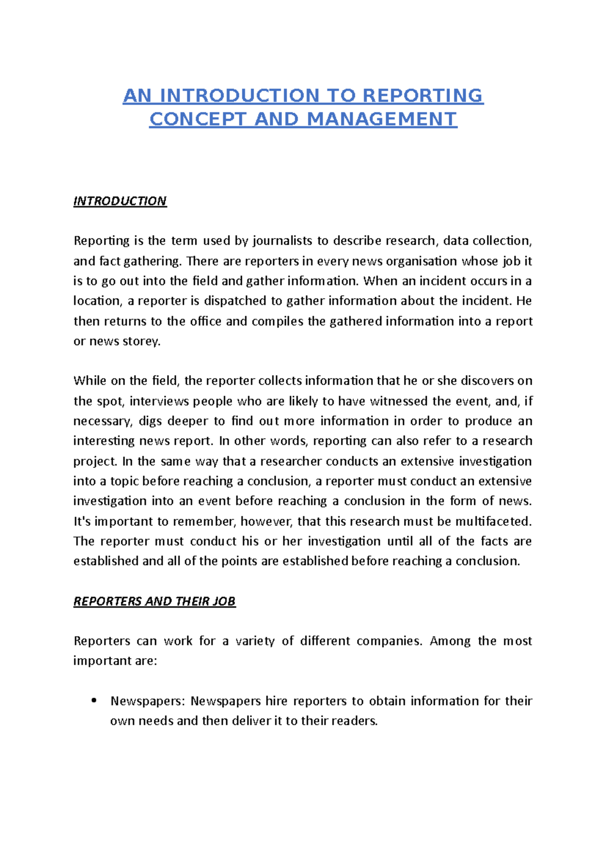 AN Introduction TO Reporting Concept AND Management - AN INTRODUCTION ...