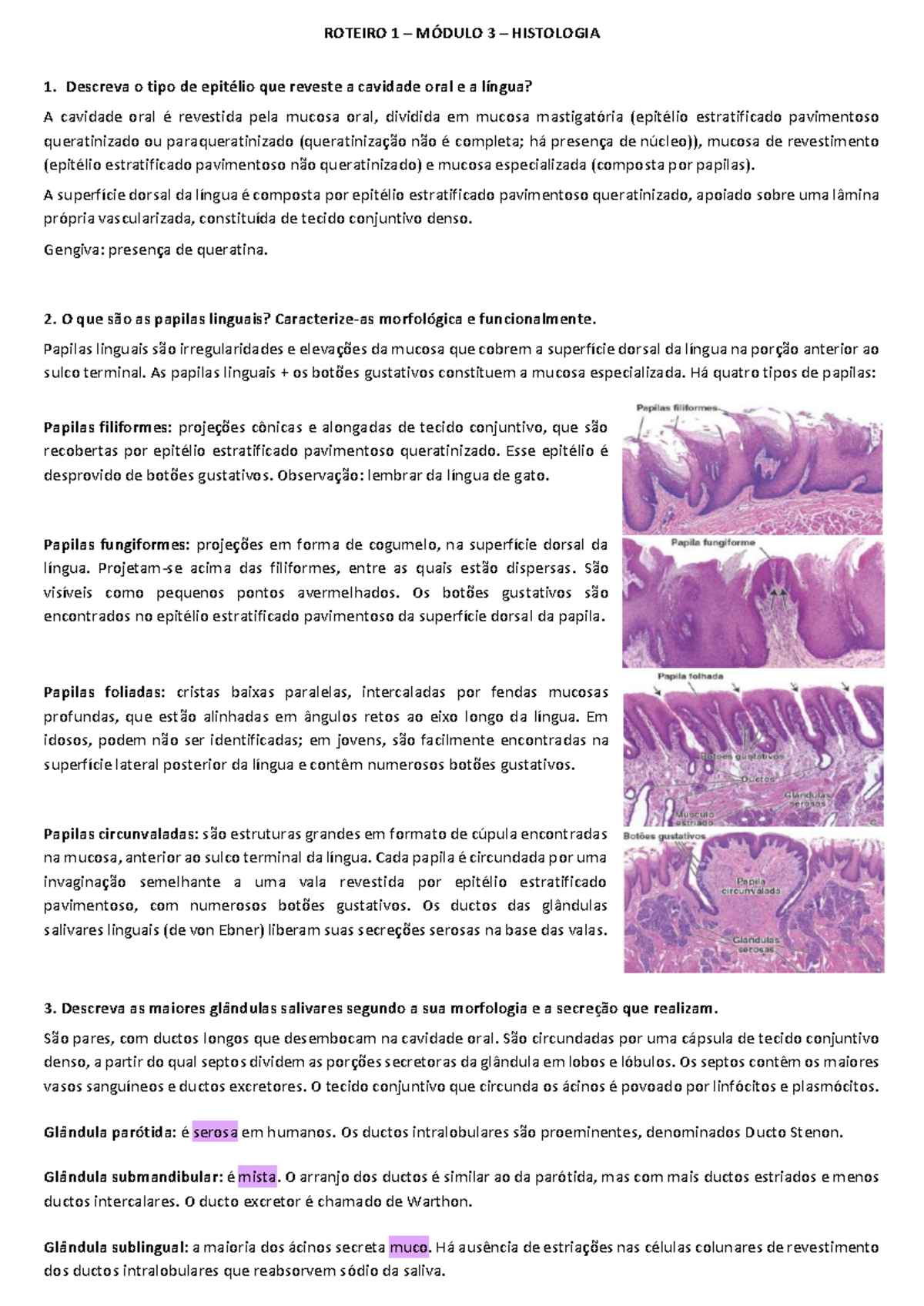 Cavidade oral - Resumo Junqueira's Basic Histology - ROTEIRO 1 – MÓDULO 3 – HISTOLOGIA Descreva ...
