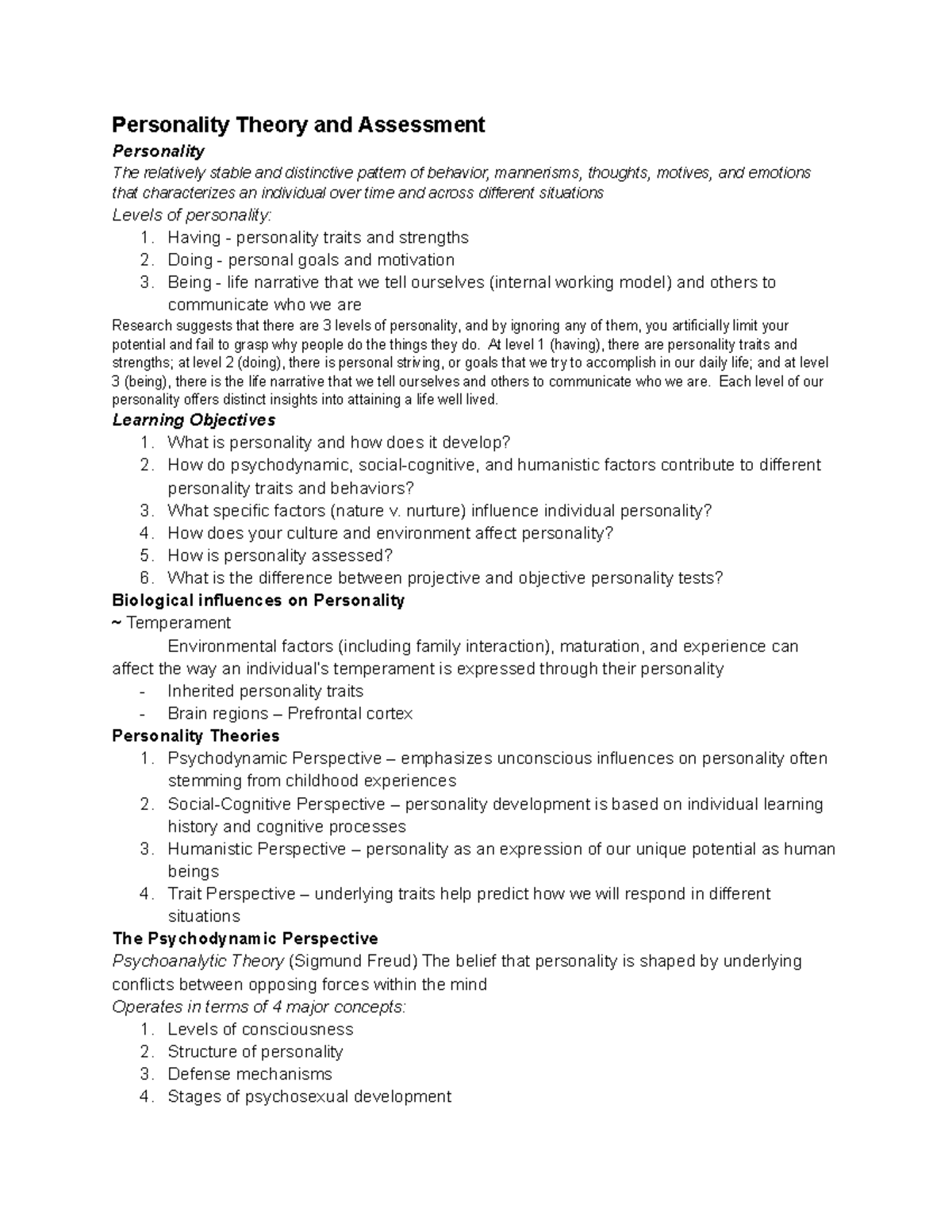Personality Theory and Assessment - Studocu