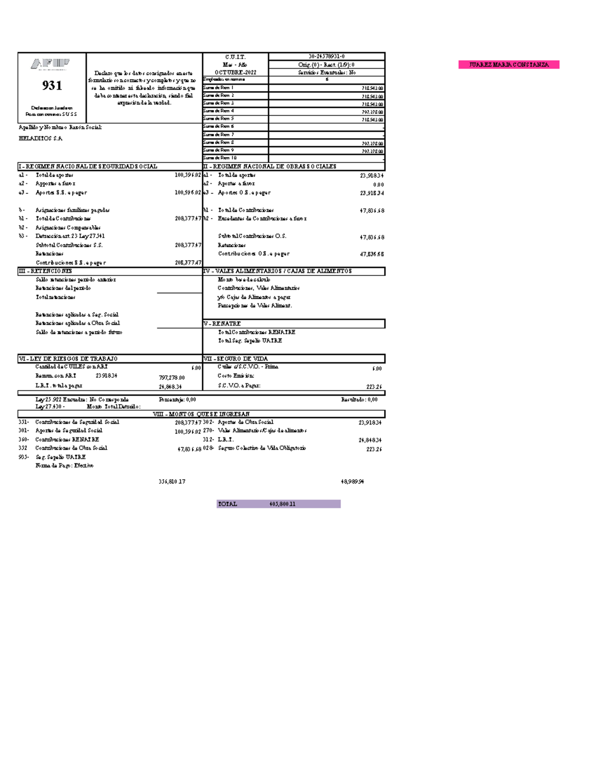 Formulario 931 TP 4 Derecho DEL T Y SS - Apellido y Nombre o Razón Social: a1 - 100,596 a1 ...