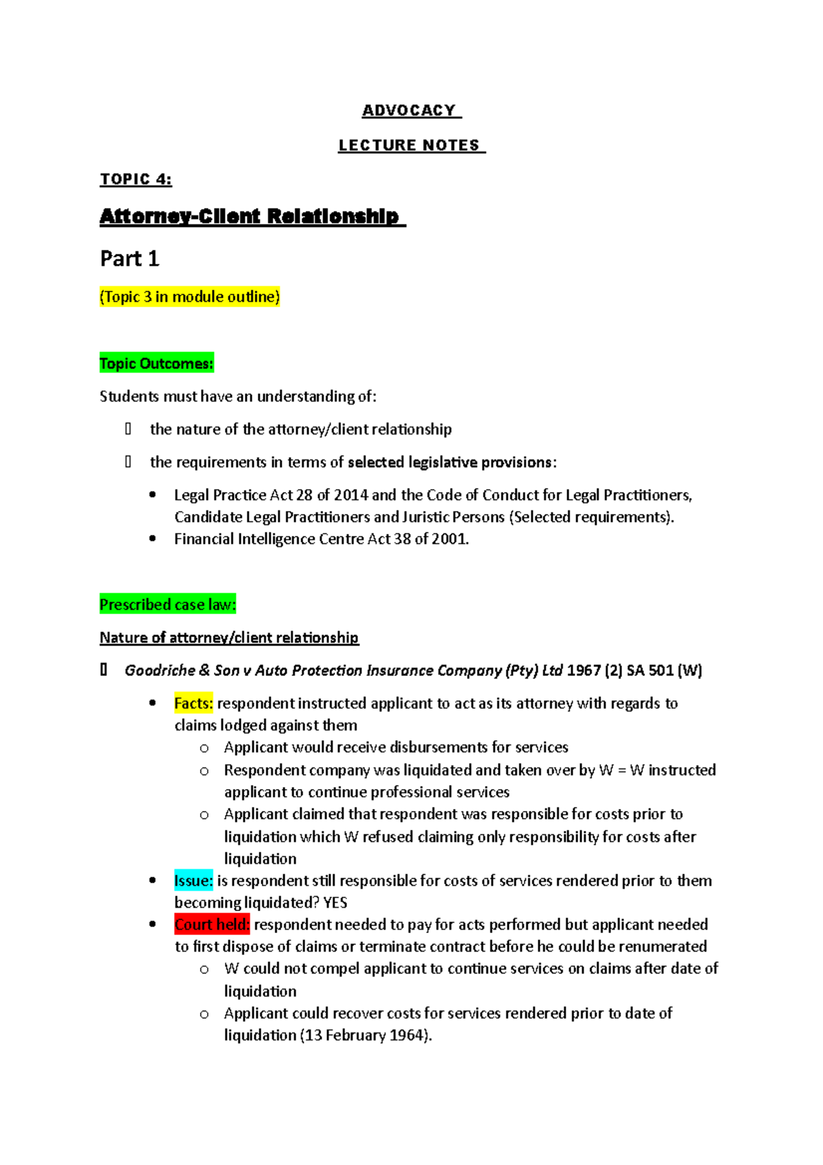 Advocacy Topic 4 lecture notes - ADVOCACY LECTURE NOTES TOPIC 4 ...
