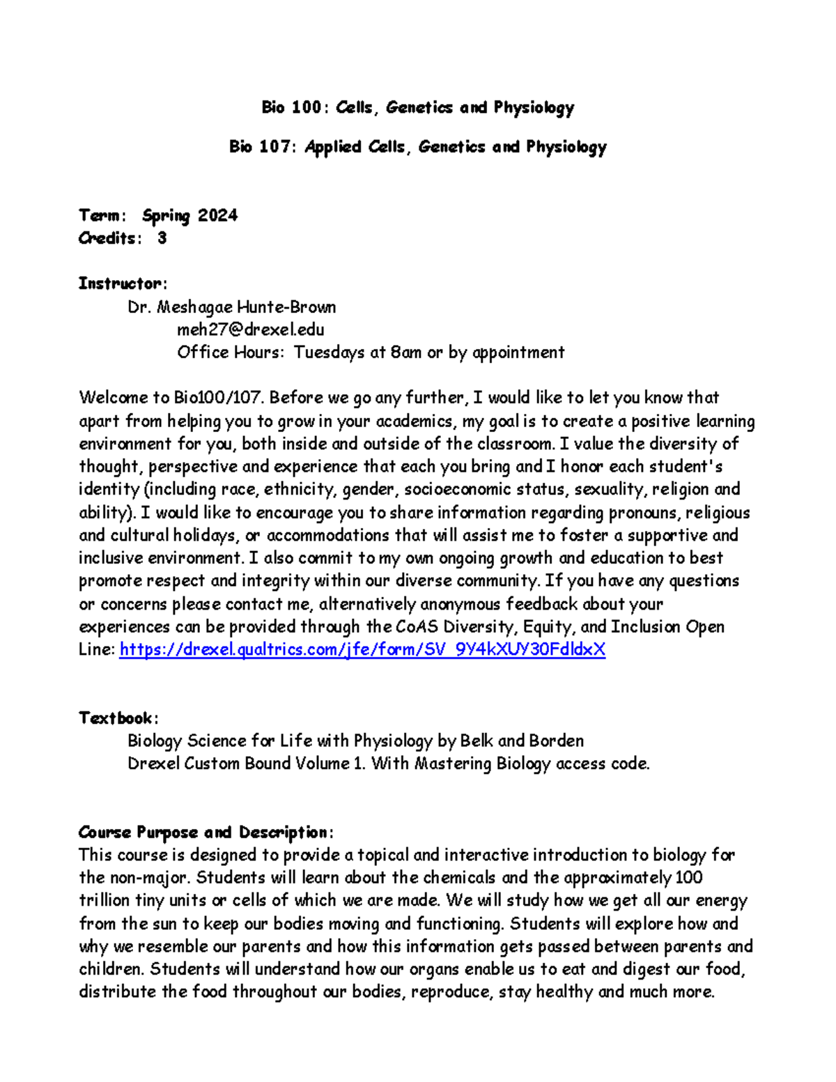 Syllabus for Bio 100 - Bio 100: Cells, Genetics and Physiology Bio 107 ...