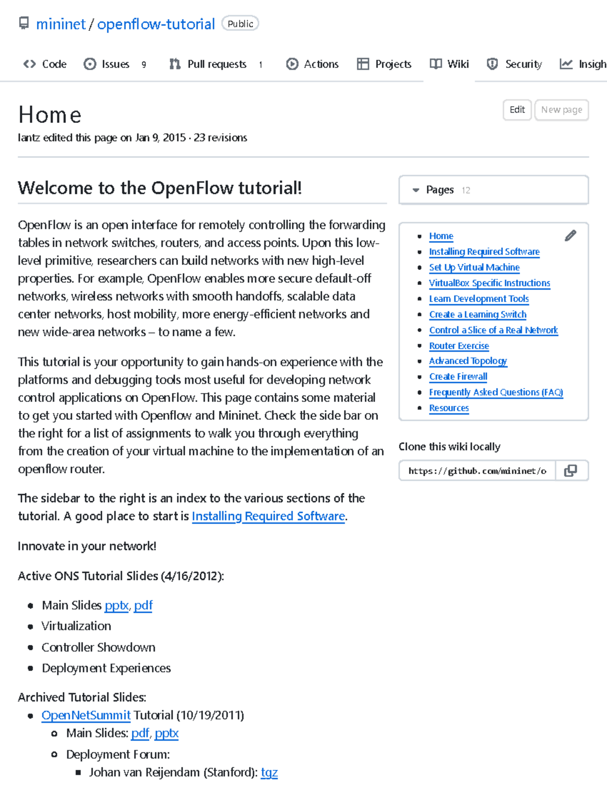 Home · mininet openflow-tutorial Wiki · Git Hub - mininet / openflow-tutorial Public Home lantz ...