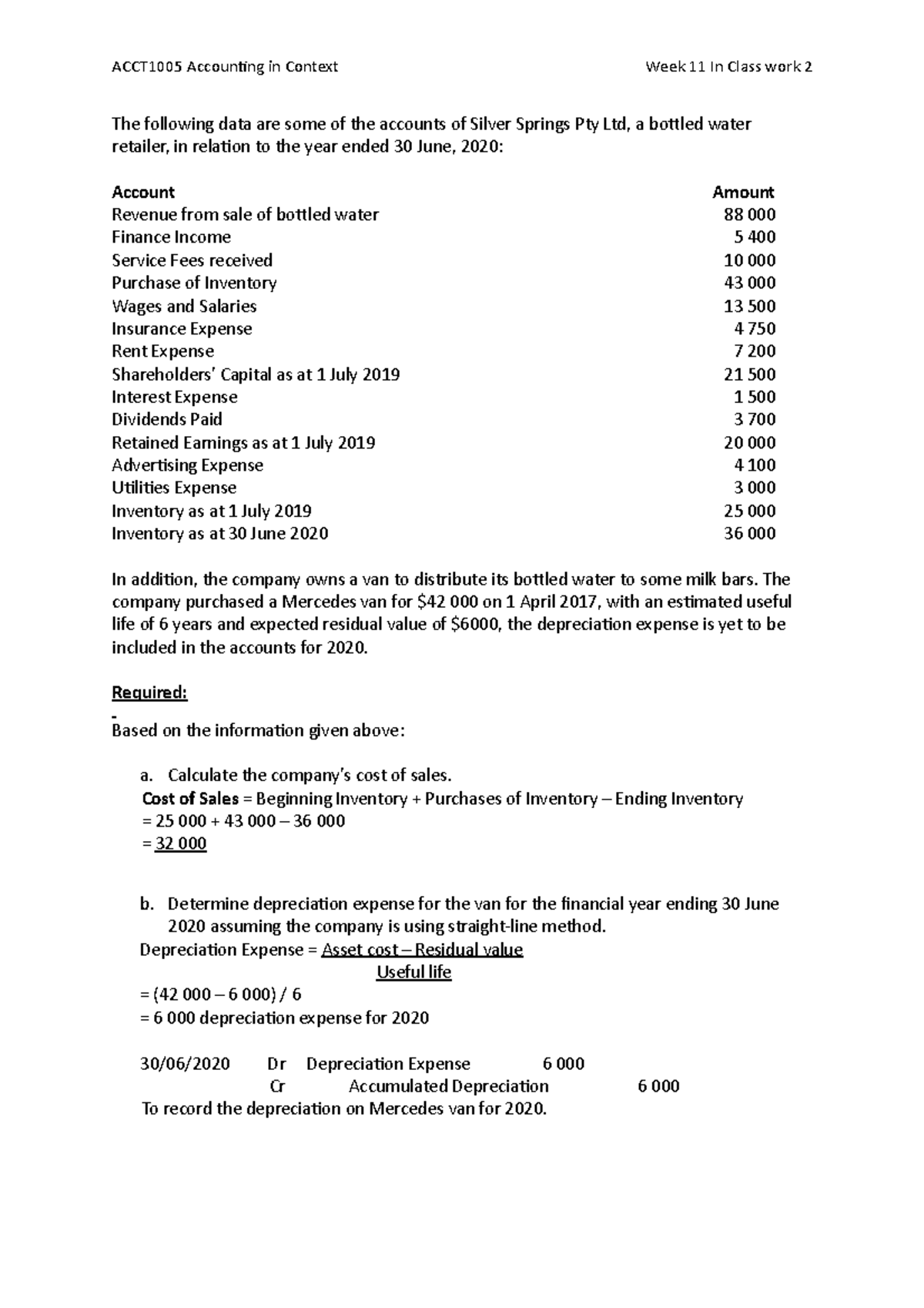 Week 11 Tutorial question 2 - ACCT1005 Accounting in Context Week 11 In Class work 2 The ...