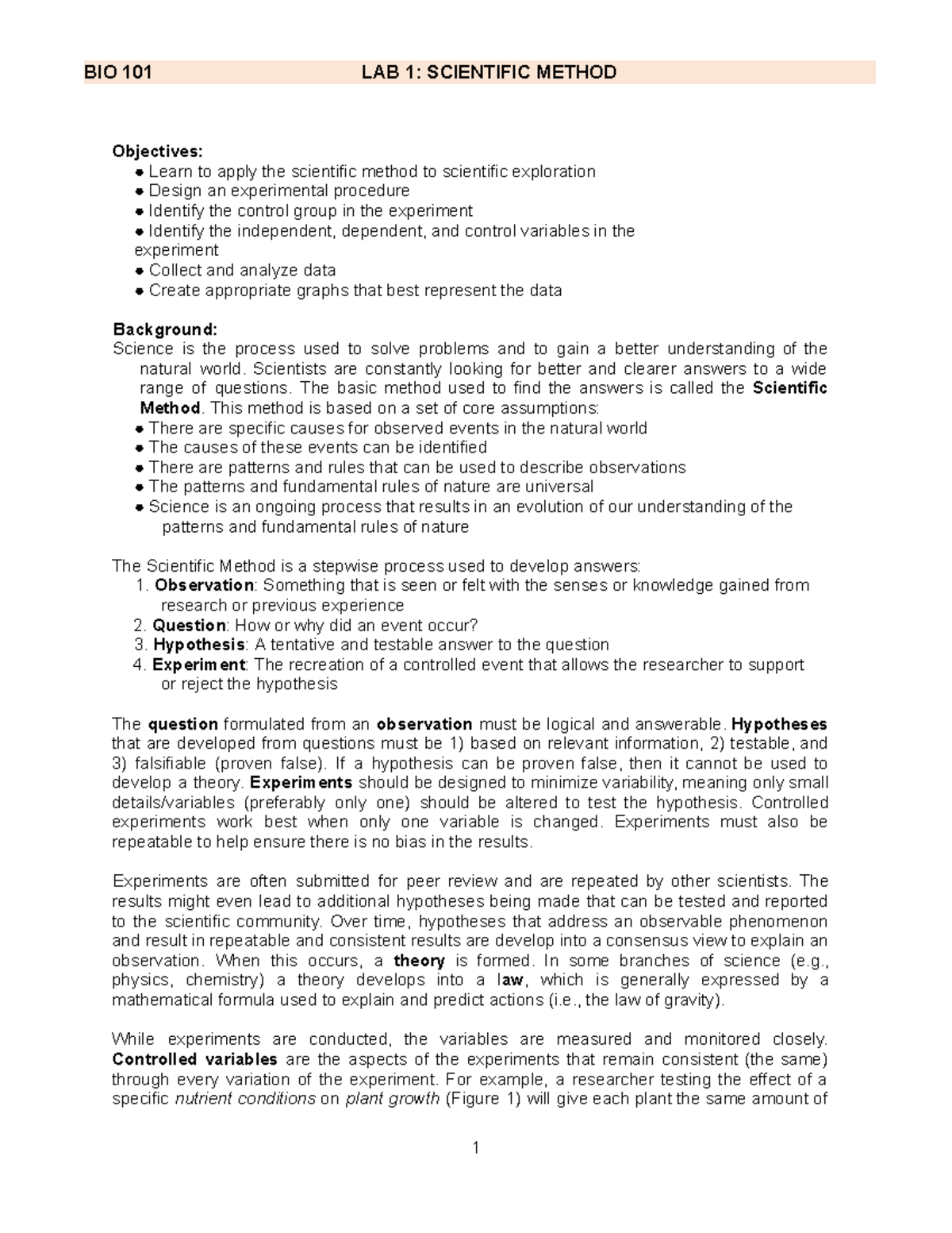 BIO 101 Lab 1 - Scientific Method 2023 - Objectives: Learn to apply the scientific method to ...