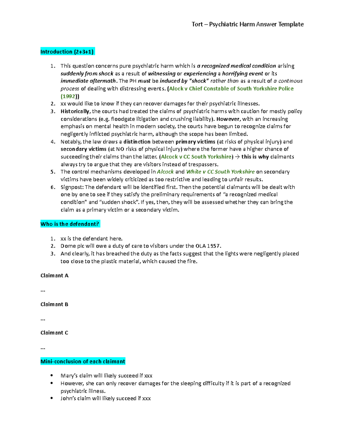(Sample) Year 1 Tort - Psychiatric Harm Answer Template - Tort ...