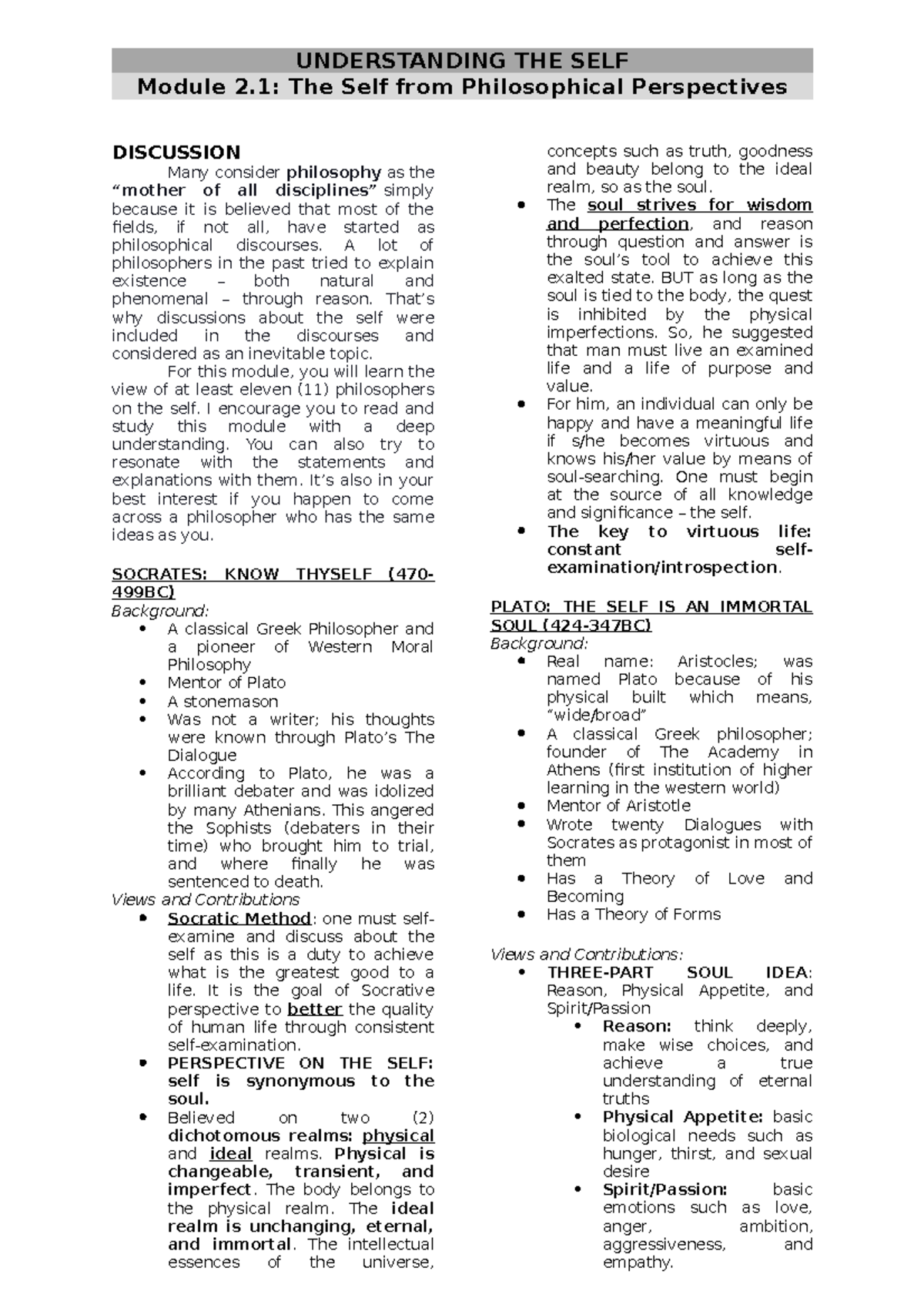 Module 2.1- The Philosophical Self - UNDERSTANDING THE SELF Module 2 ...