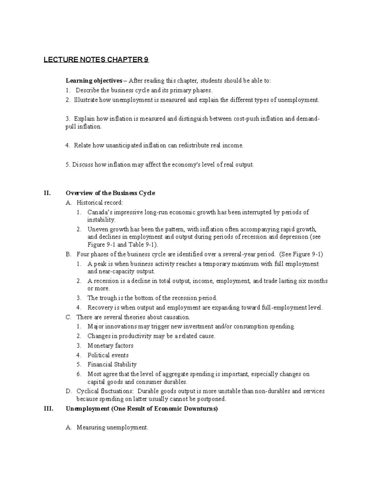Macro Lecture Notes Understanding Business Cycles And Inflation Lecture Notes Chapter 9