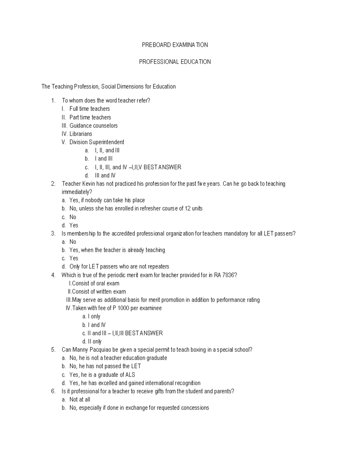 Preboard- Examination - PREBOARD EXAMINATION PROFESSIONAL EDUCATION The ...