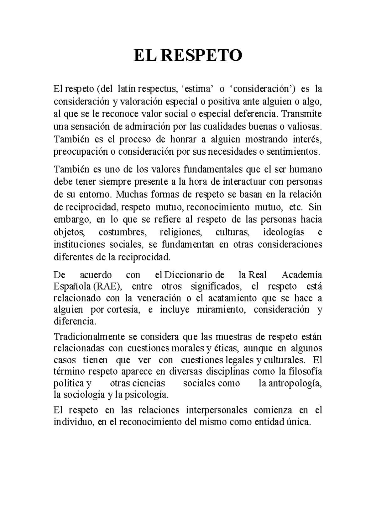 EL Respeto - apuntes - EL RESPETO El respeto (del latín respectus ...