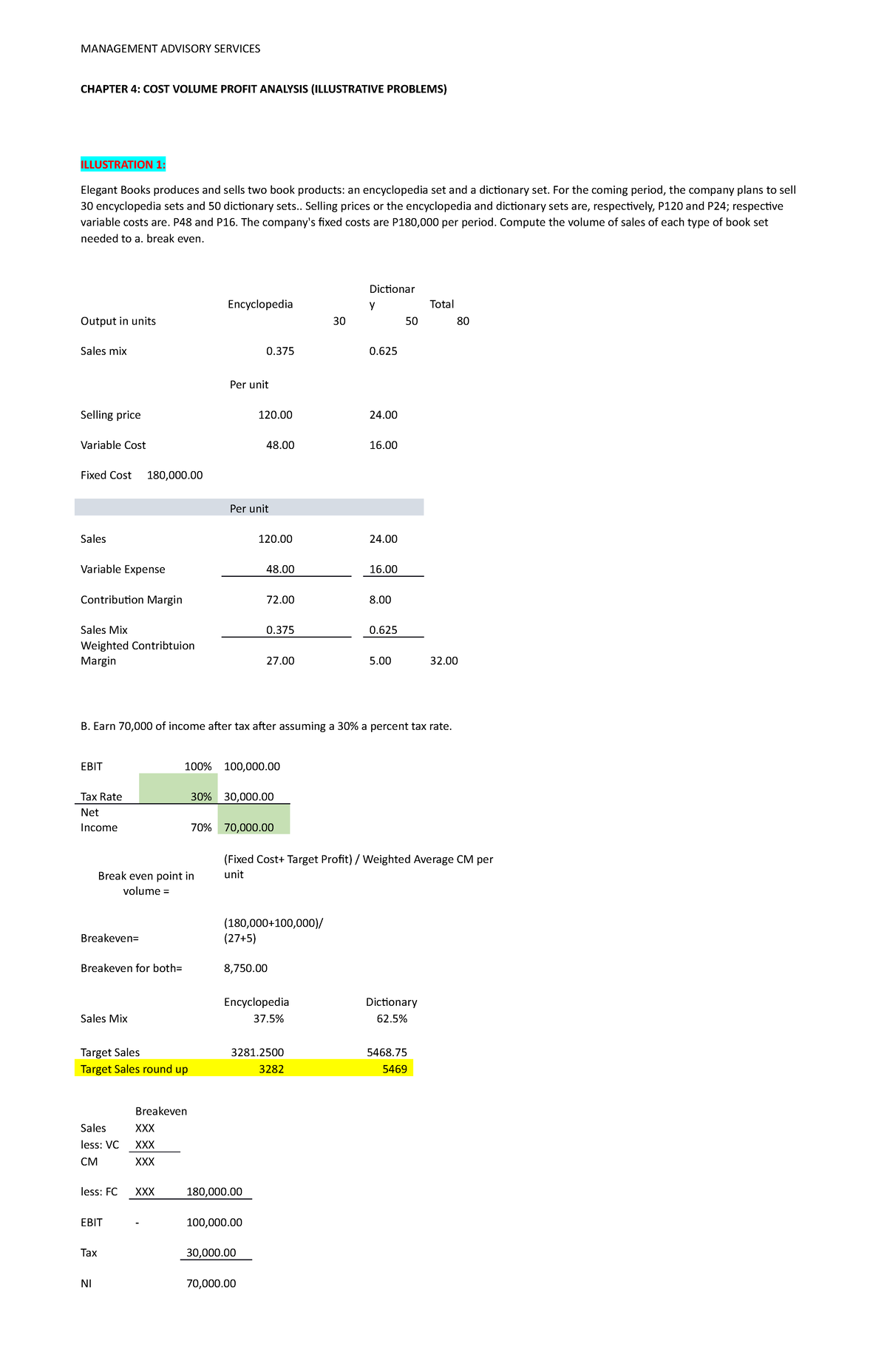 Chapter 4 - Cost Volume Profit Analsysis (Illustrations with Solutions) - CHAPTER 4: COST VOLUME ...