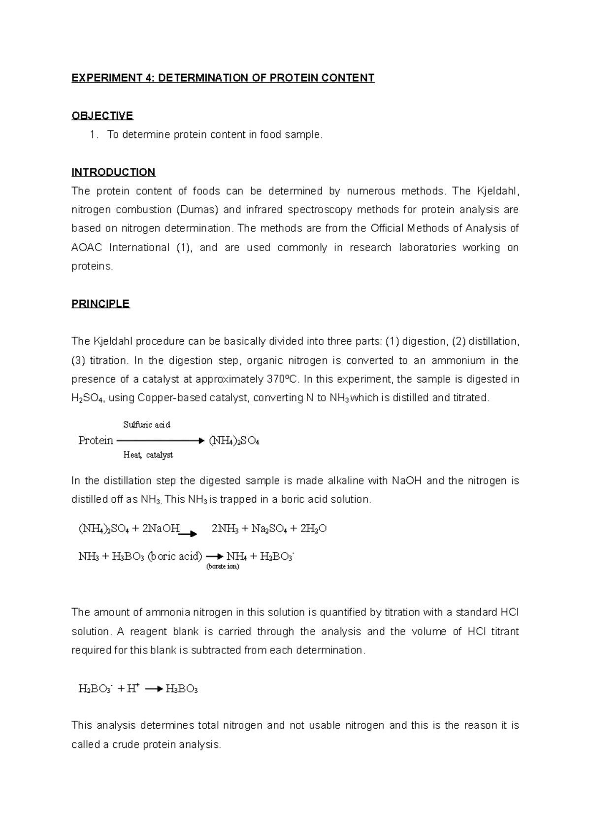 Determination of Protein Content - EXPERIMENT 4: DETERMINATION OF ...