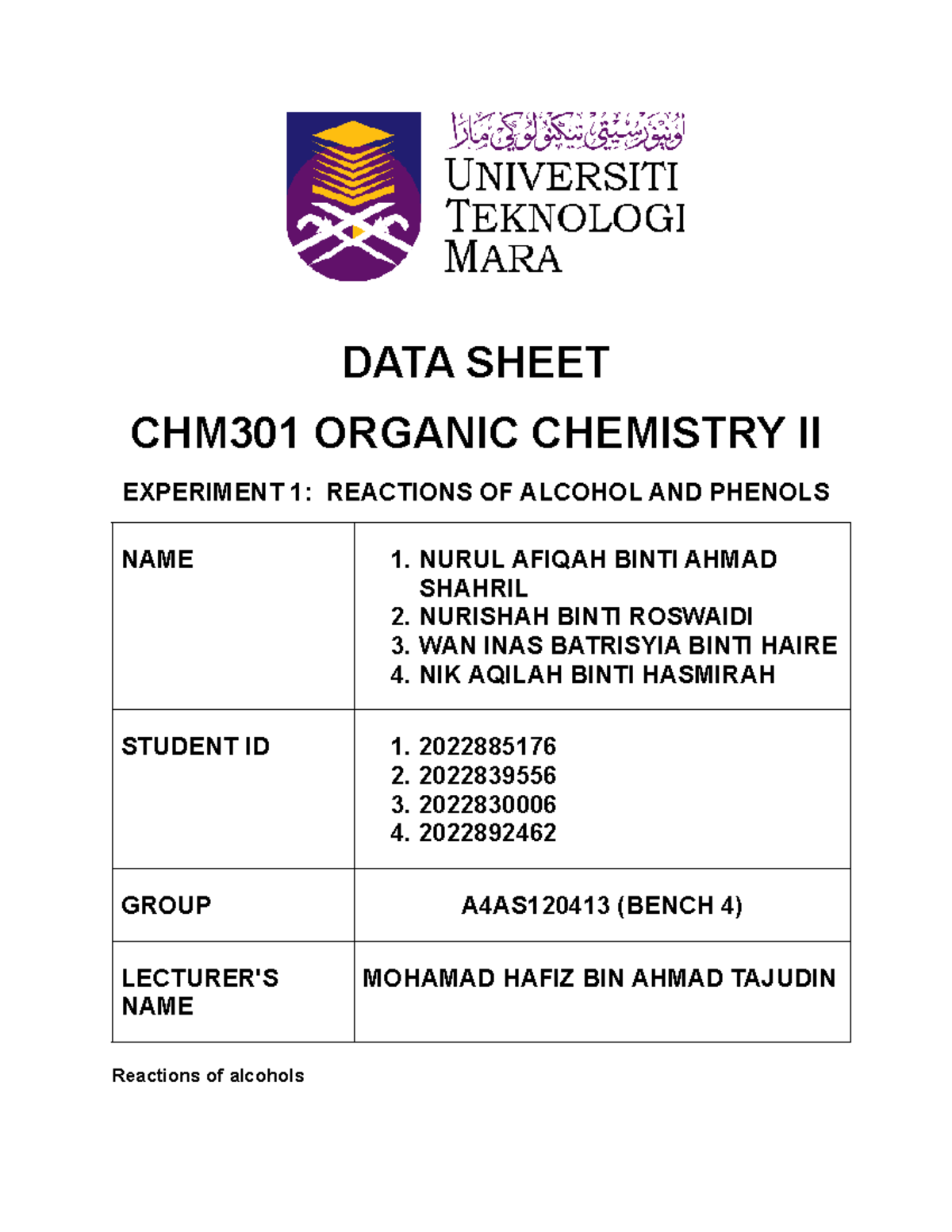 Datasheet EXP 1 CHM301 reaction of alcohol an phenol - DATA SHEET ...