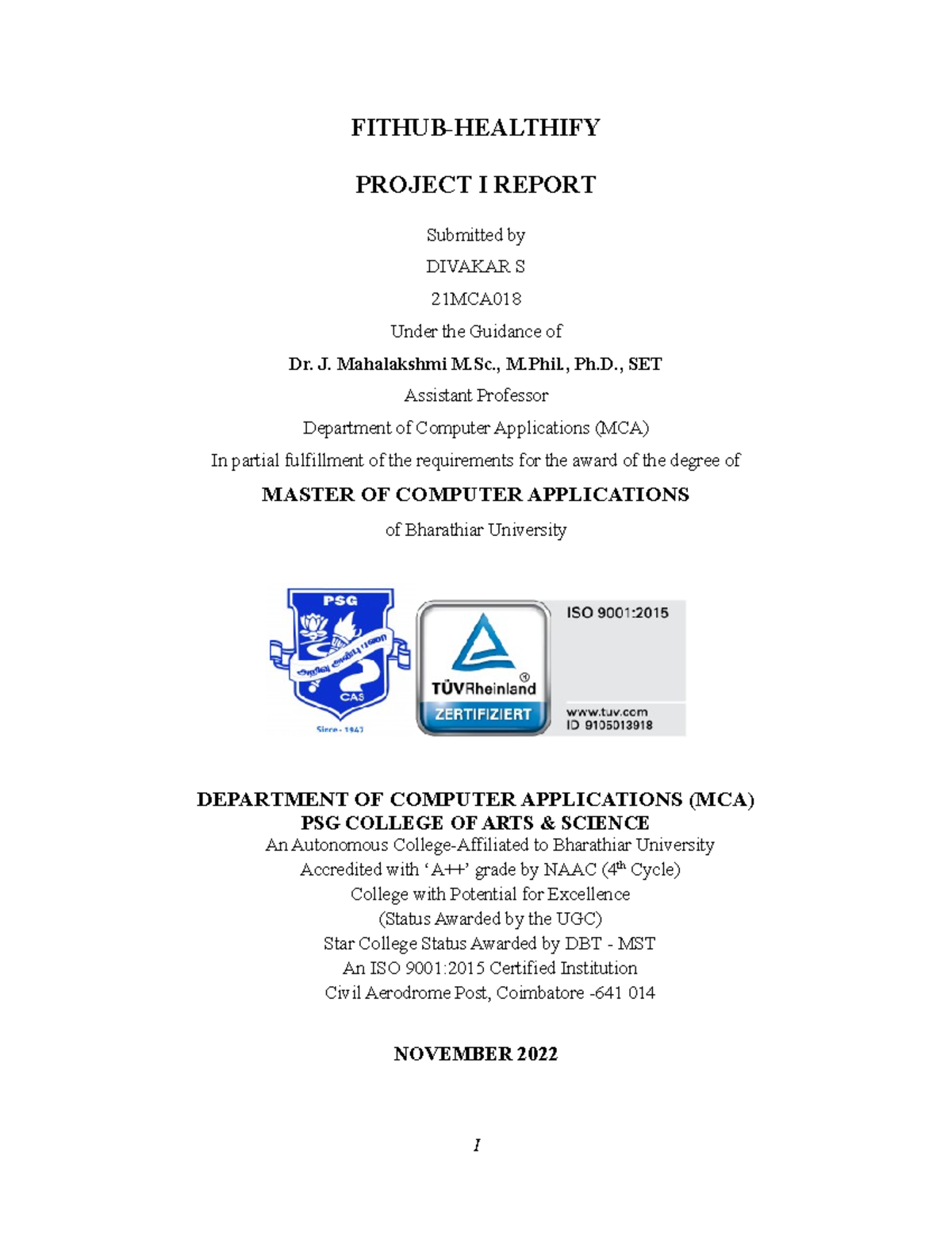 Fitpdf - Copy - nthg - FITHUB-HEALTHIFY PROJECT I REPORT Submitted by ...