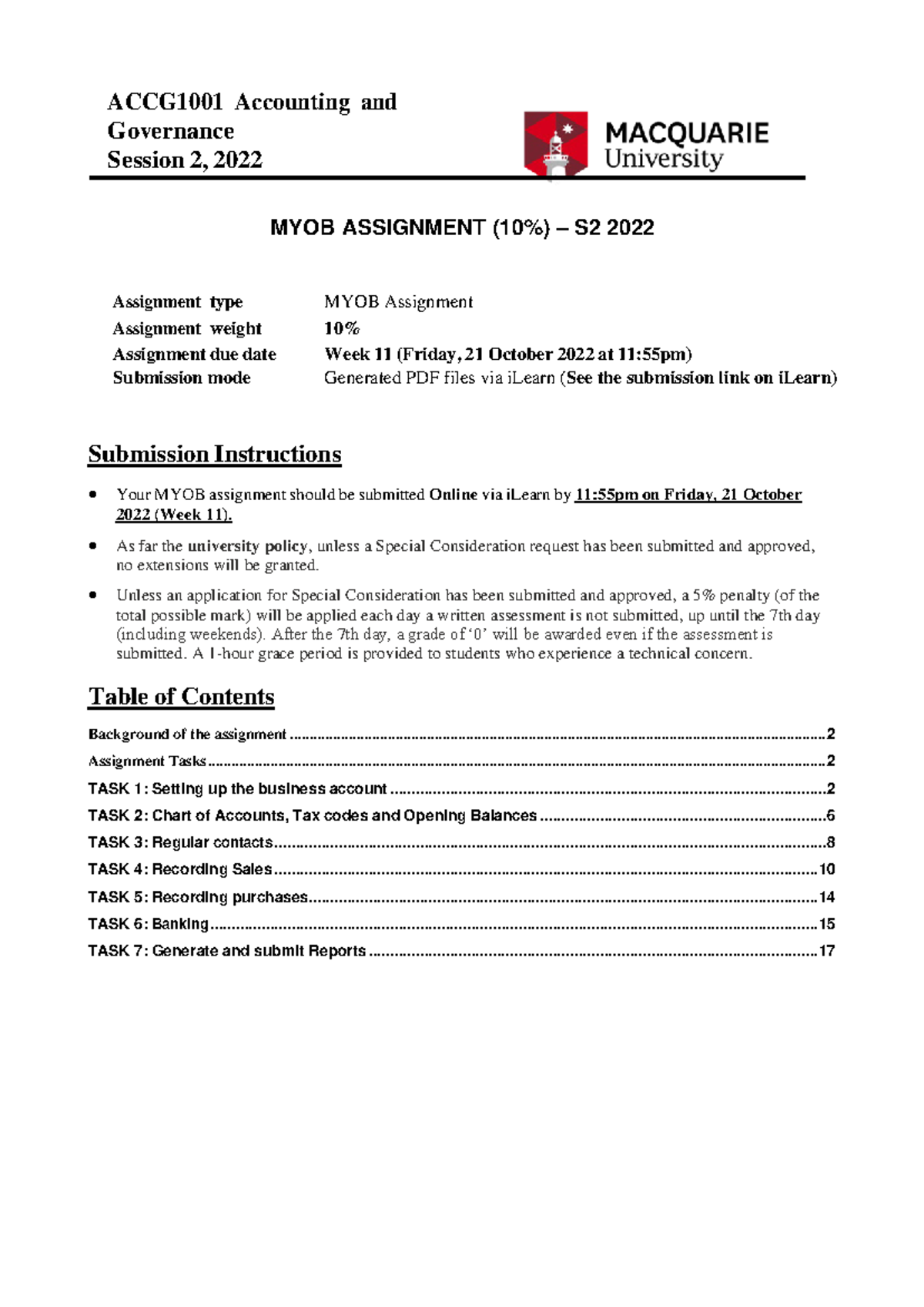 ACCG1001 S2 2022 MYOB Assignment - MYOB ASSIGNMENT (10%) – S2 2022 ...