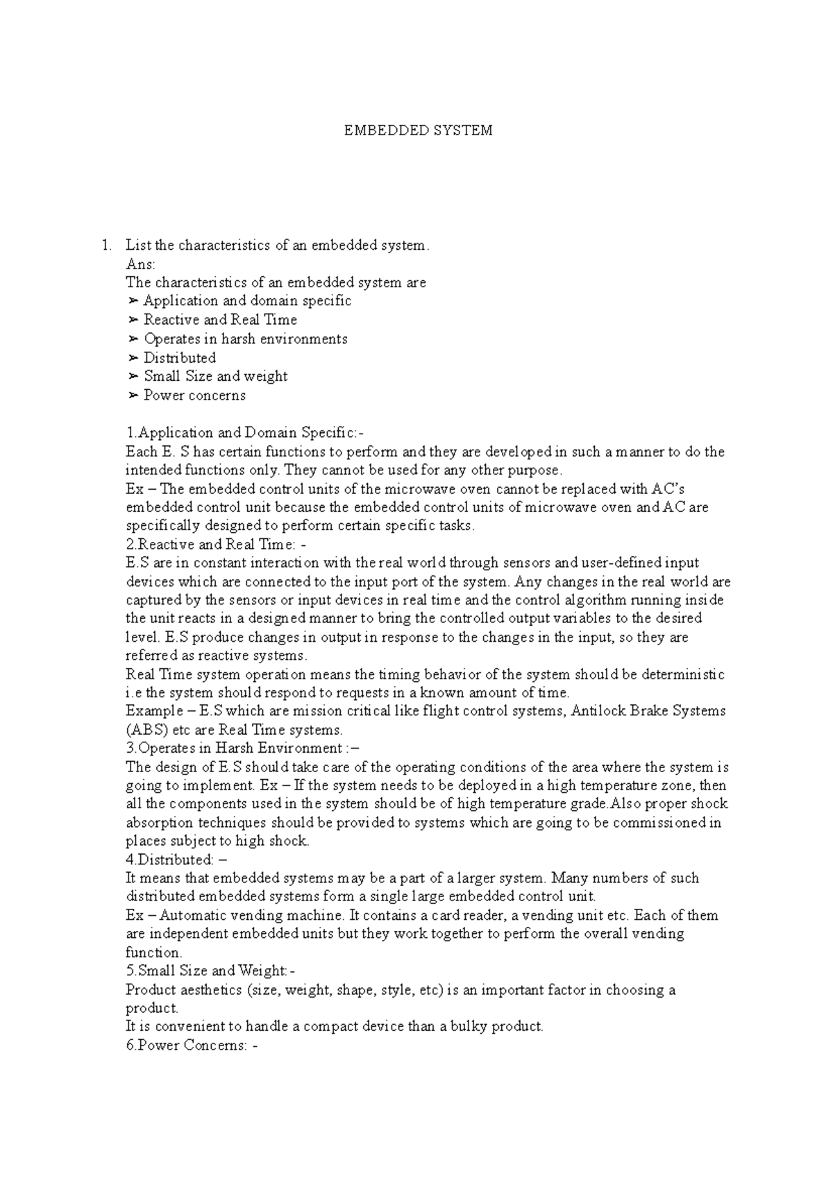 Embedded System Assignment Embedded System List The Characteristics Of An Embedded System