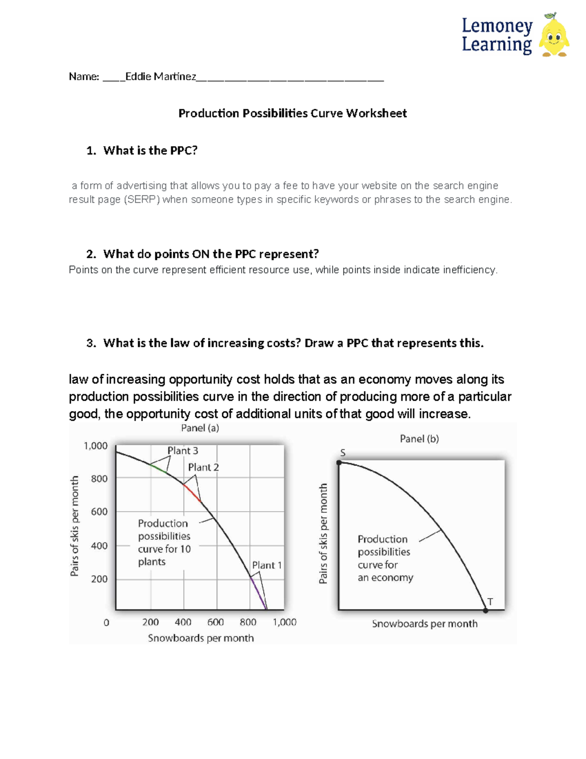 Production Possibilities Curve Worksheet (3) - Name: Eddie Martinez