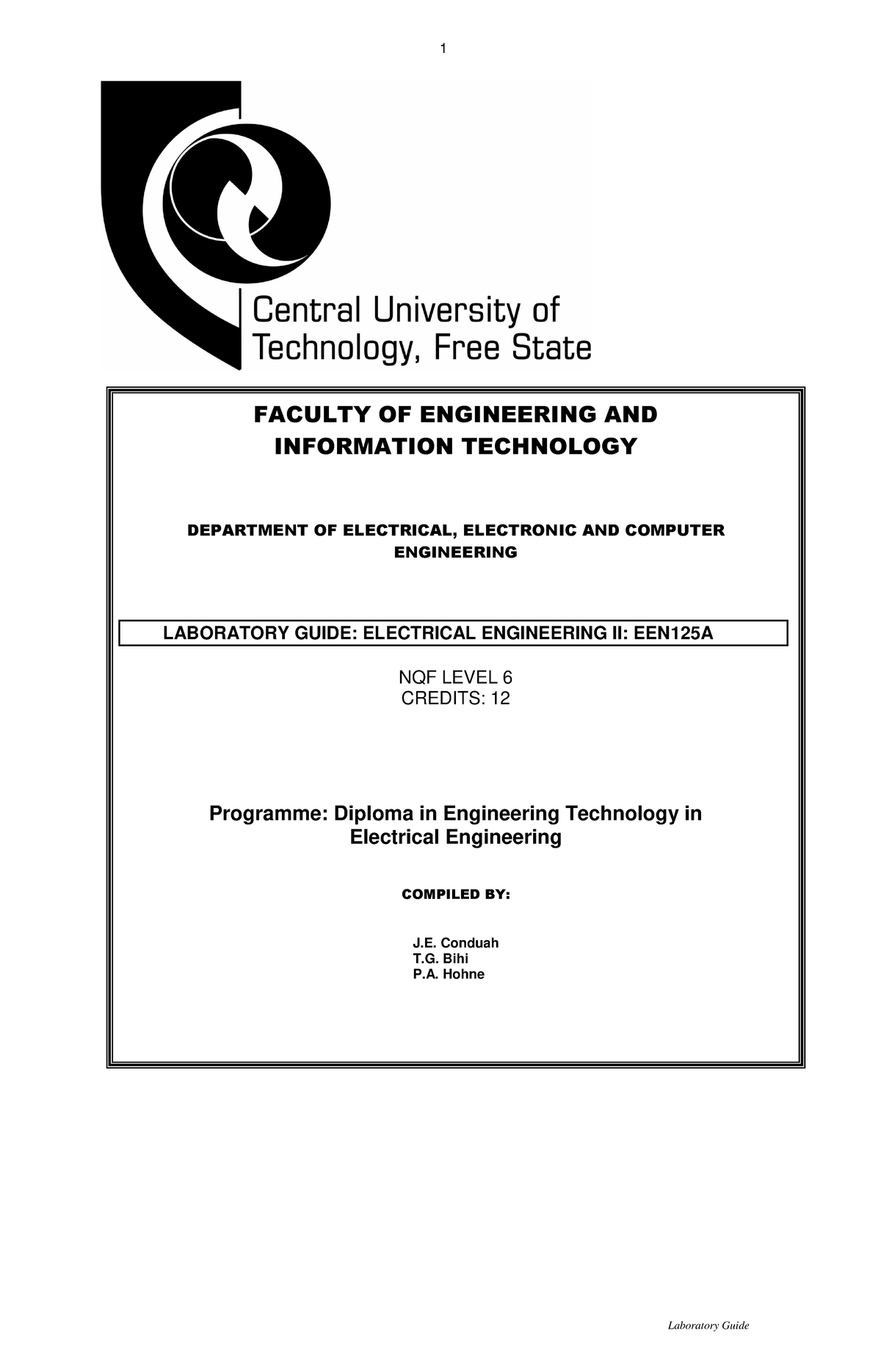 2018 EEN125A Practical Guide - FACULTY OF ENGINEERING AND INFORMATION ...