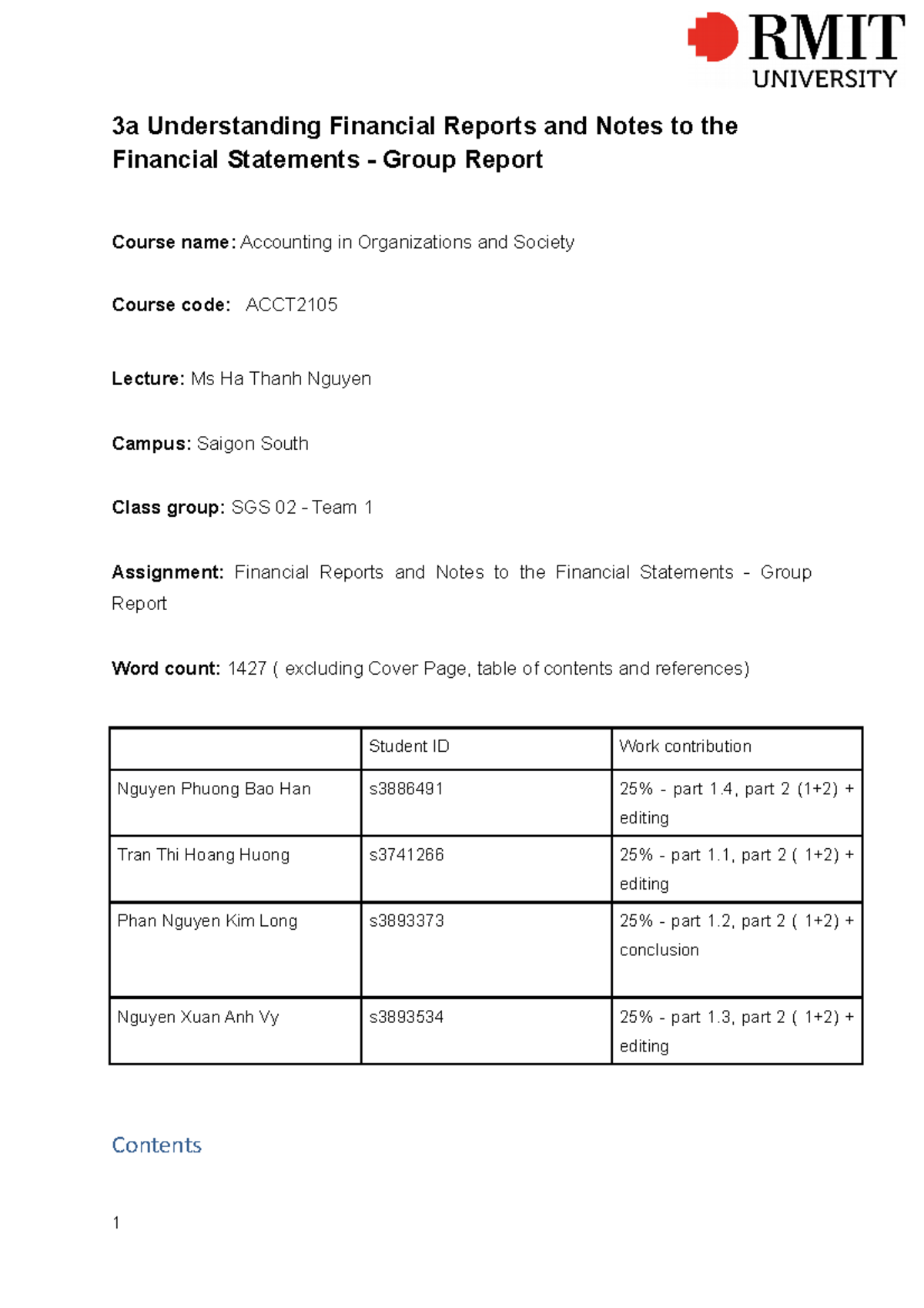 3A Group Report. SGS02 Team 1 - 3a Understanding Financial Reports and ...