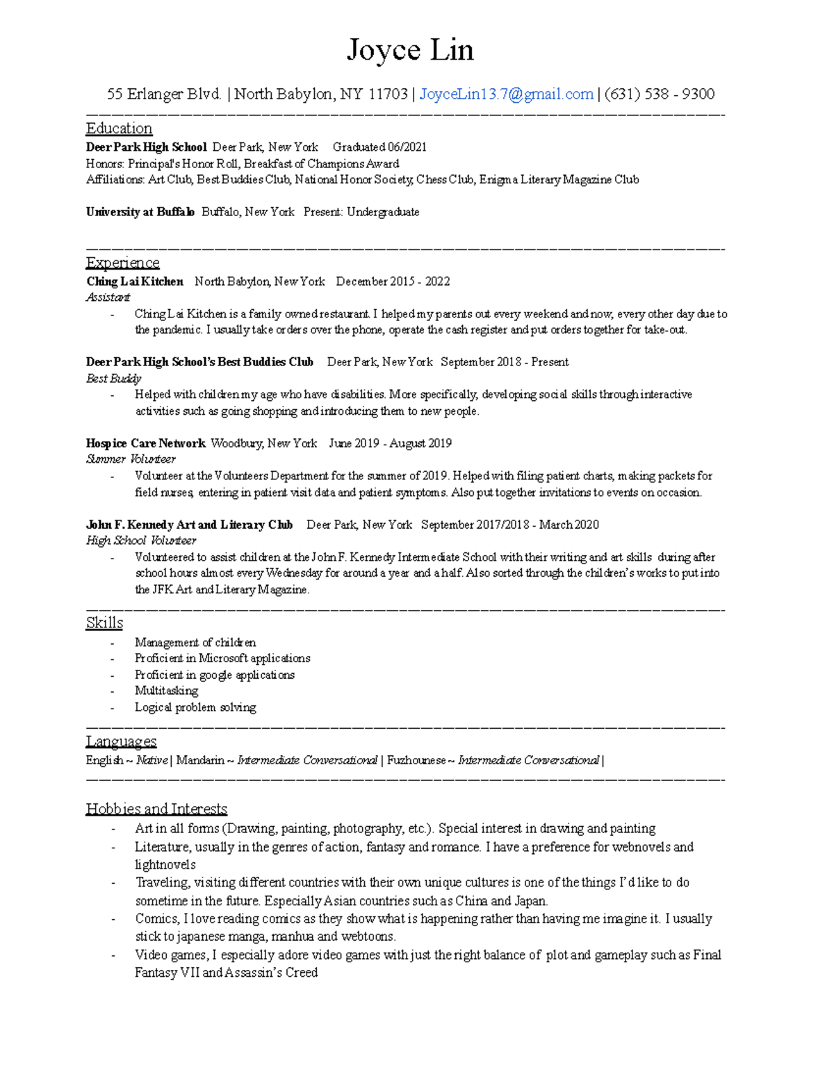 Children’s Aid Resume - prof.blair johnson - Joyce Lin 55 Erlanger Blvd. | North Babylon, NY ...