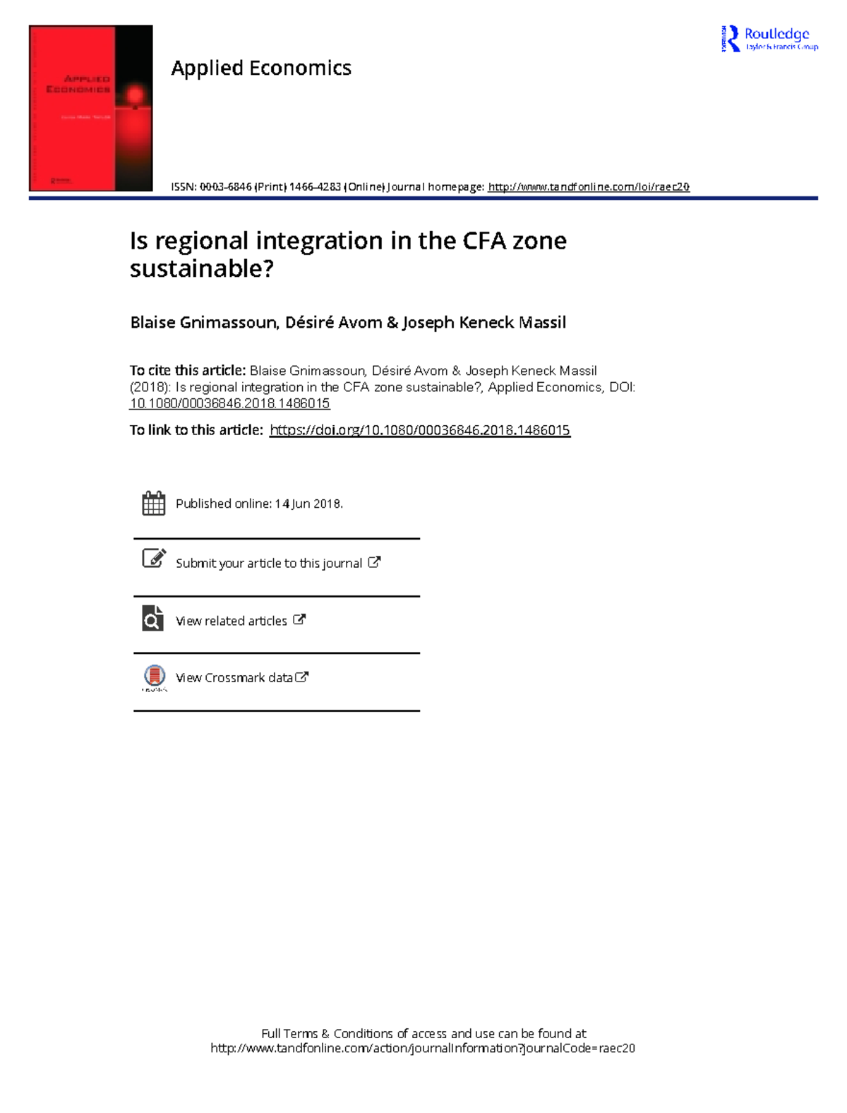 Is regional integration in the CFA zone sustainable - 1080/00036846. To ...